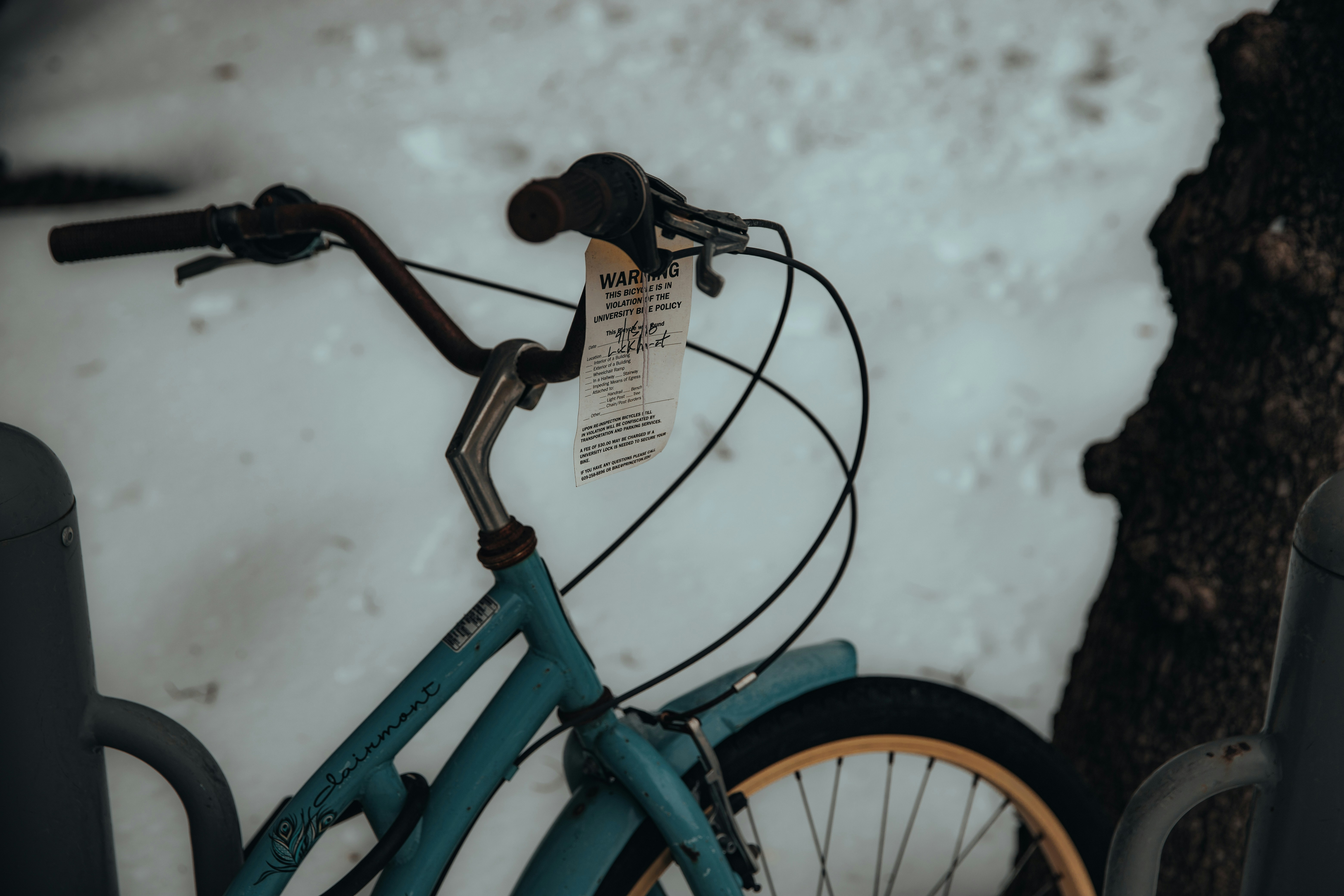 Tag on the Handlebar: Teal Bicycle Resting in Quiet Winter Light