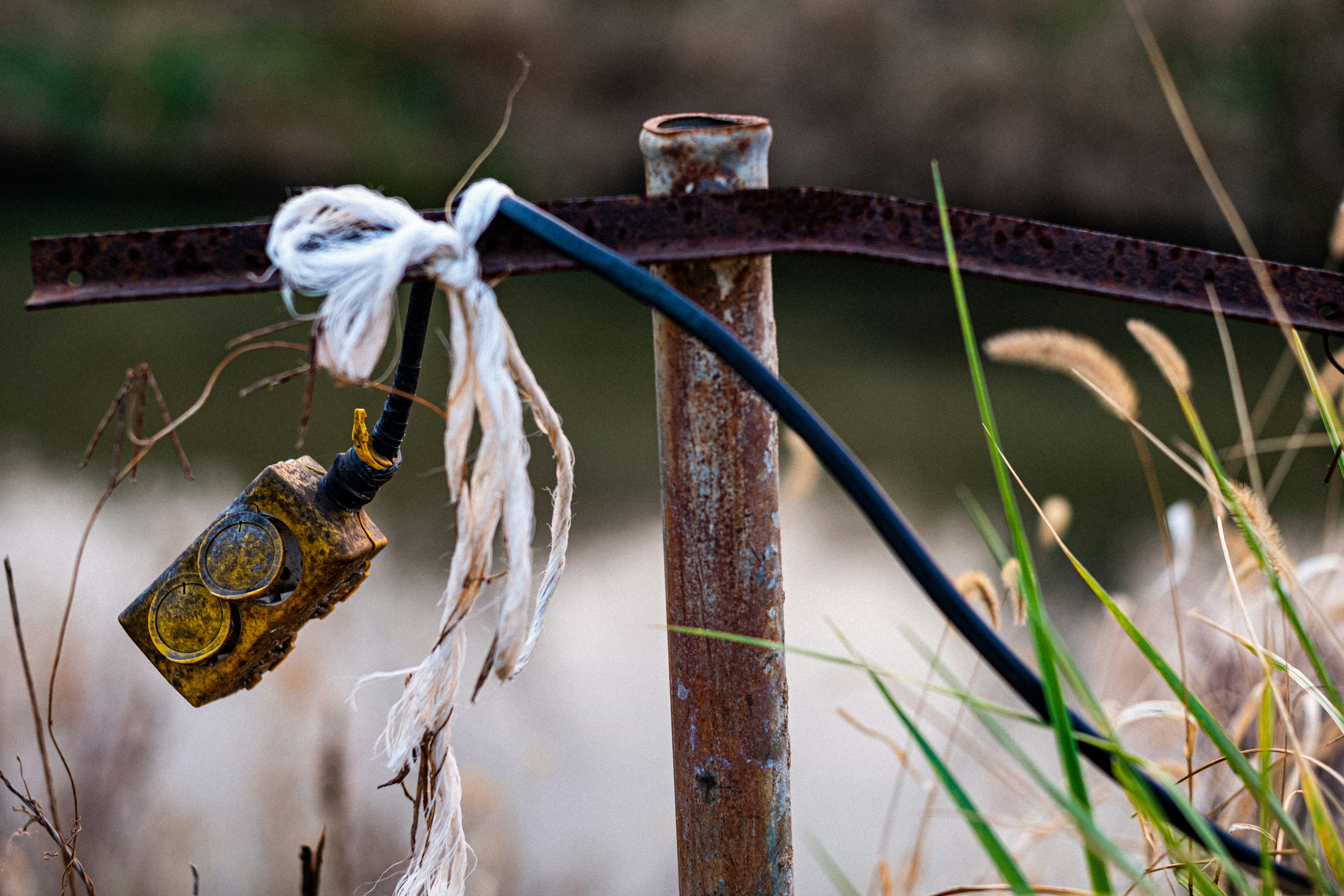 Rusted Crossbar Portrait: Frayed Rope and Weathered Device in Quiet Field