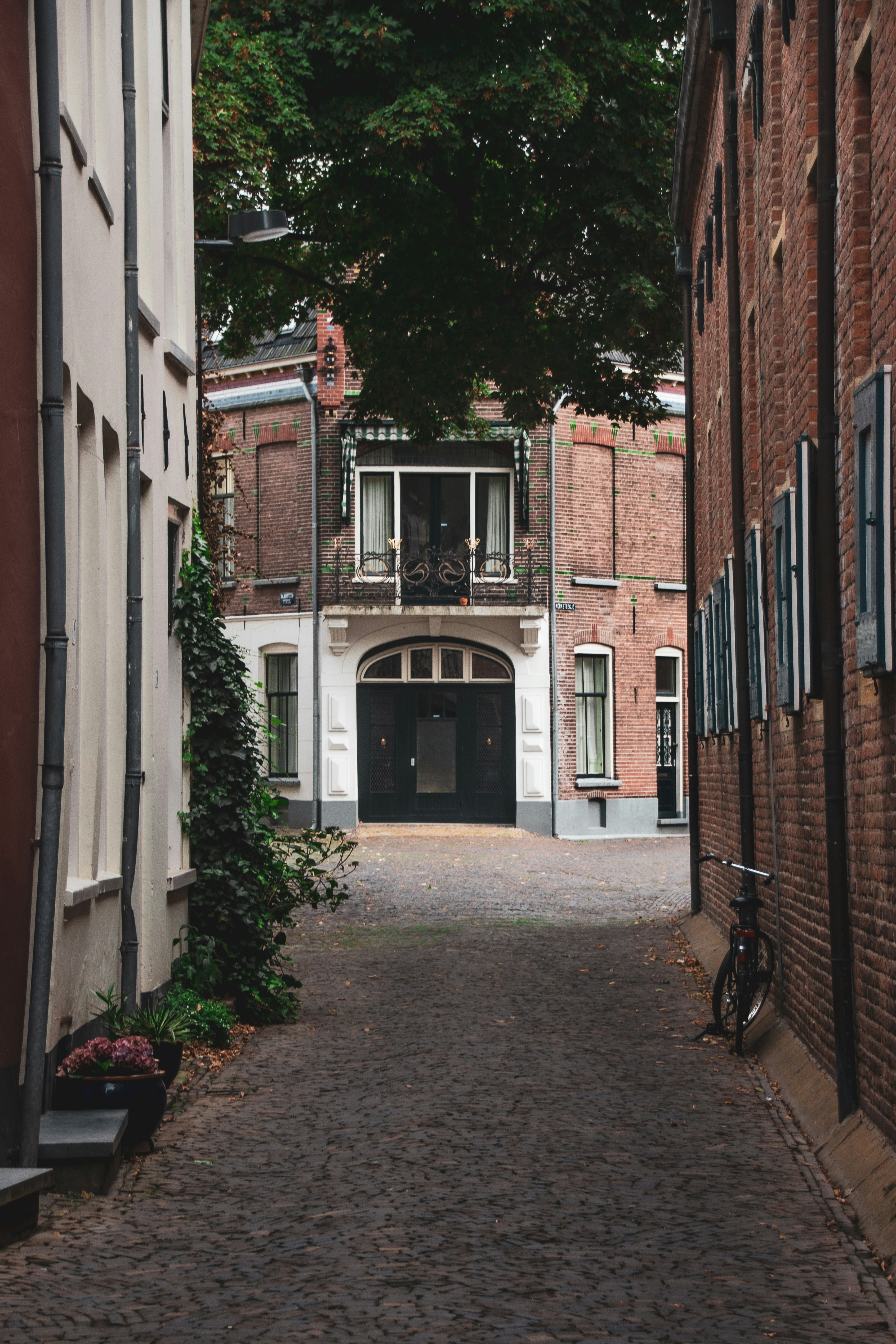 Charming alleyway flanked by brick buildings, leading to a quaint doorway adorned with greenery. A bicycle rests nearby, adding to the serene atmosphere.