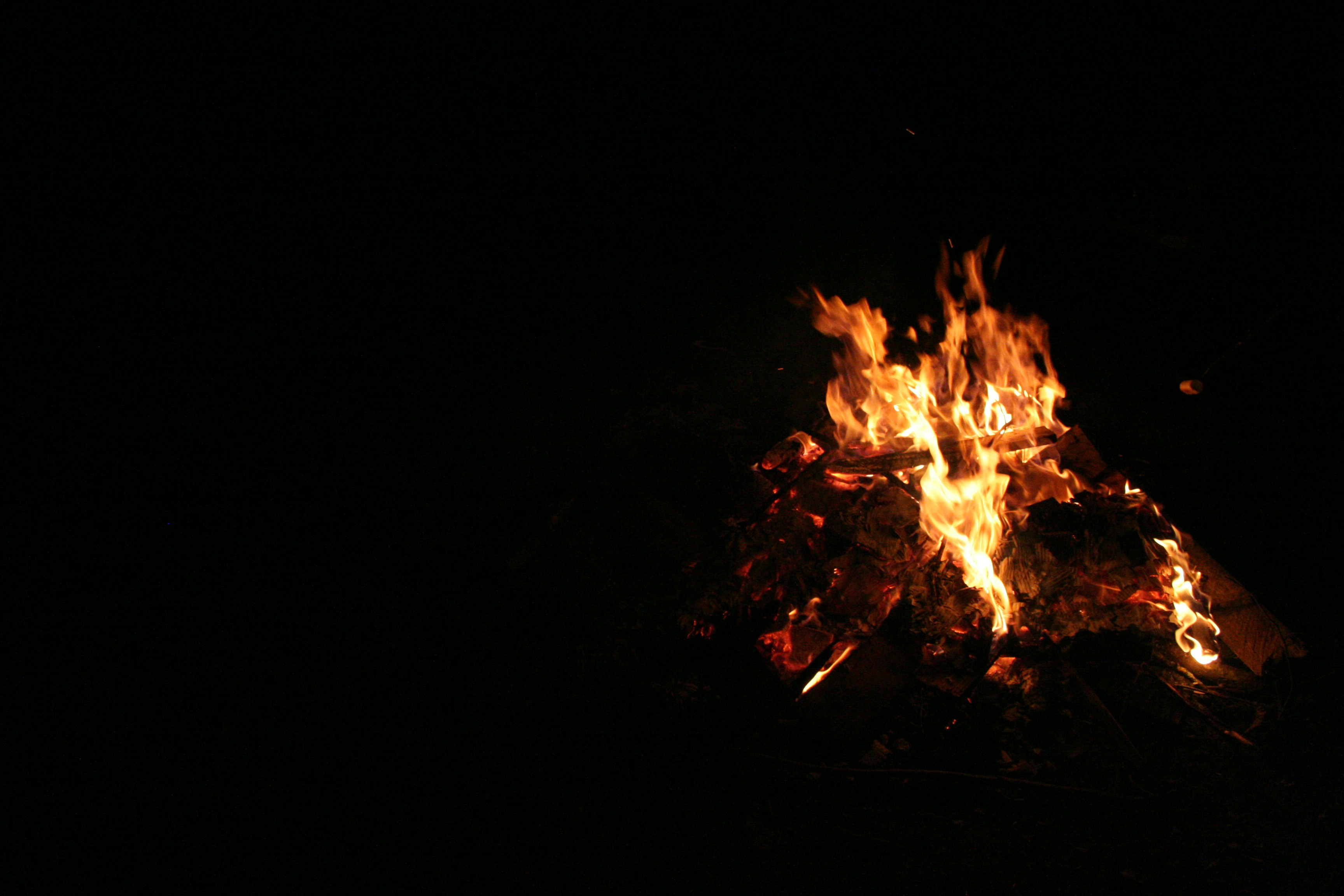 Flickering flames consuming wood, casting a warm glow in the darkness. The fire's light contrasts sharply with the surrounding night.