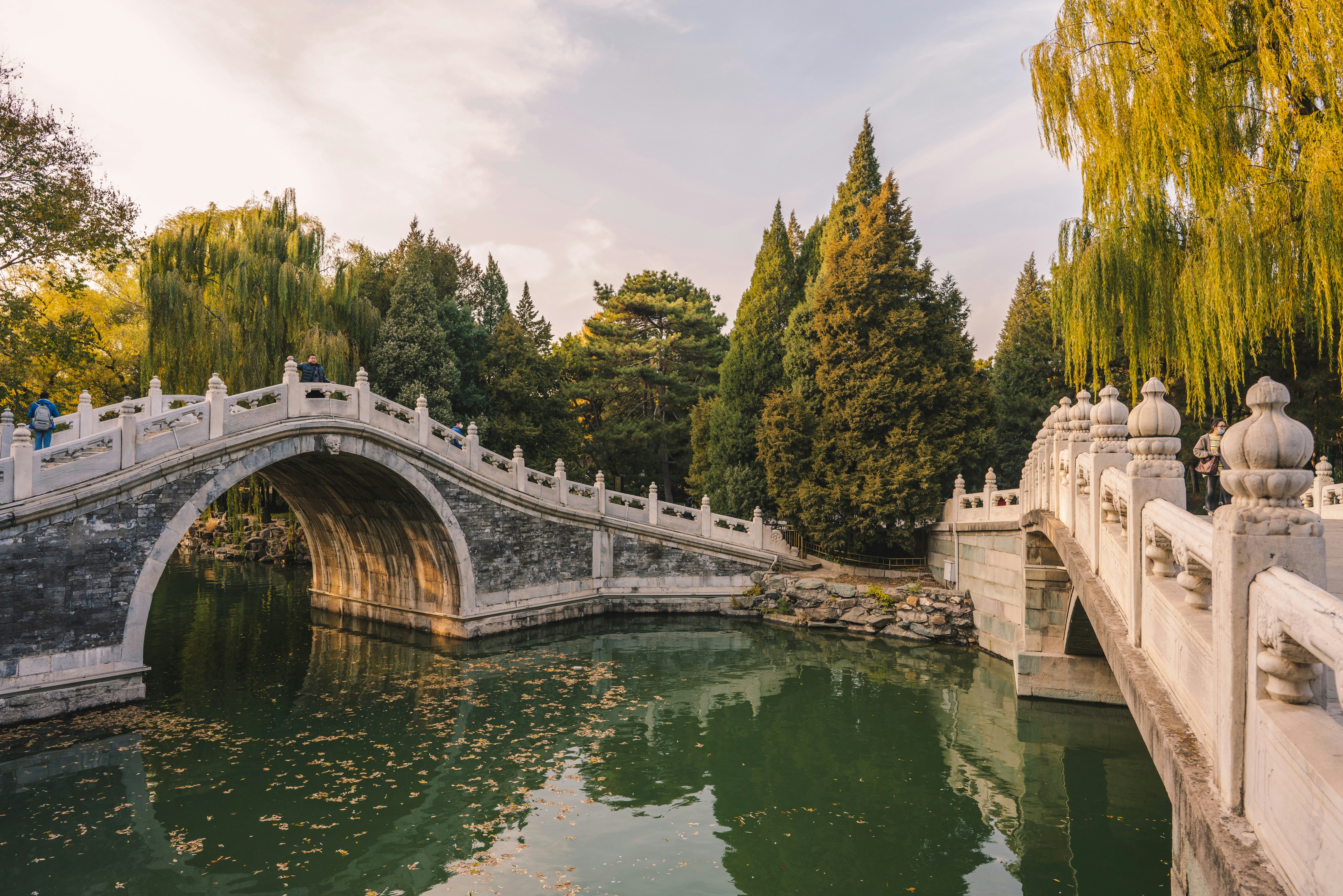 White concrete bridge over river surrounded by green trees during ...