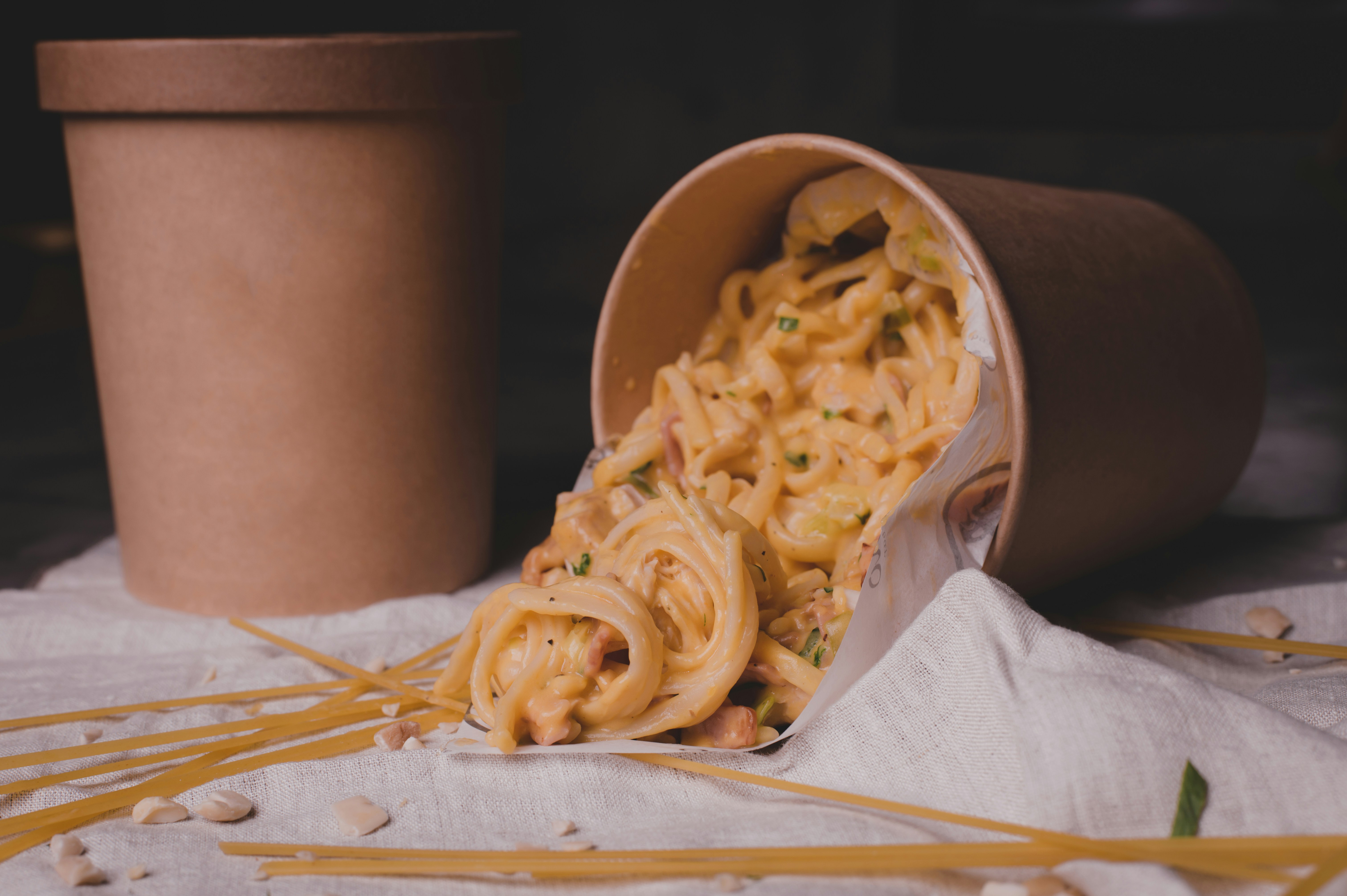 pasta in brown plastic bucket