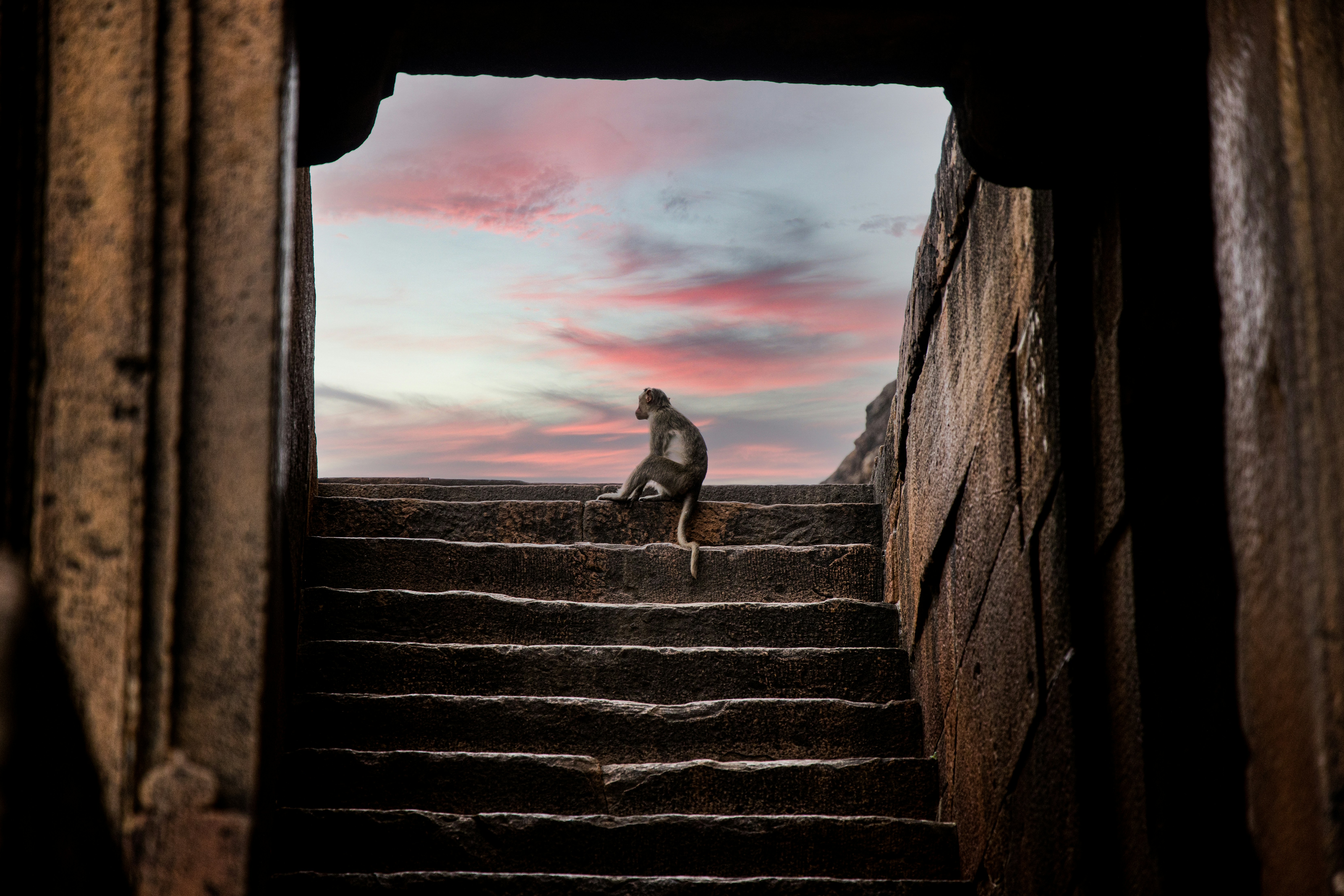 Person sitting on stone steps framed by an archway against a vibrant sunset sky.