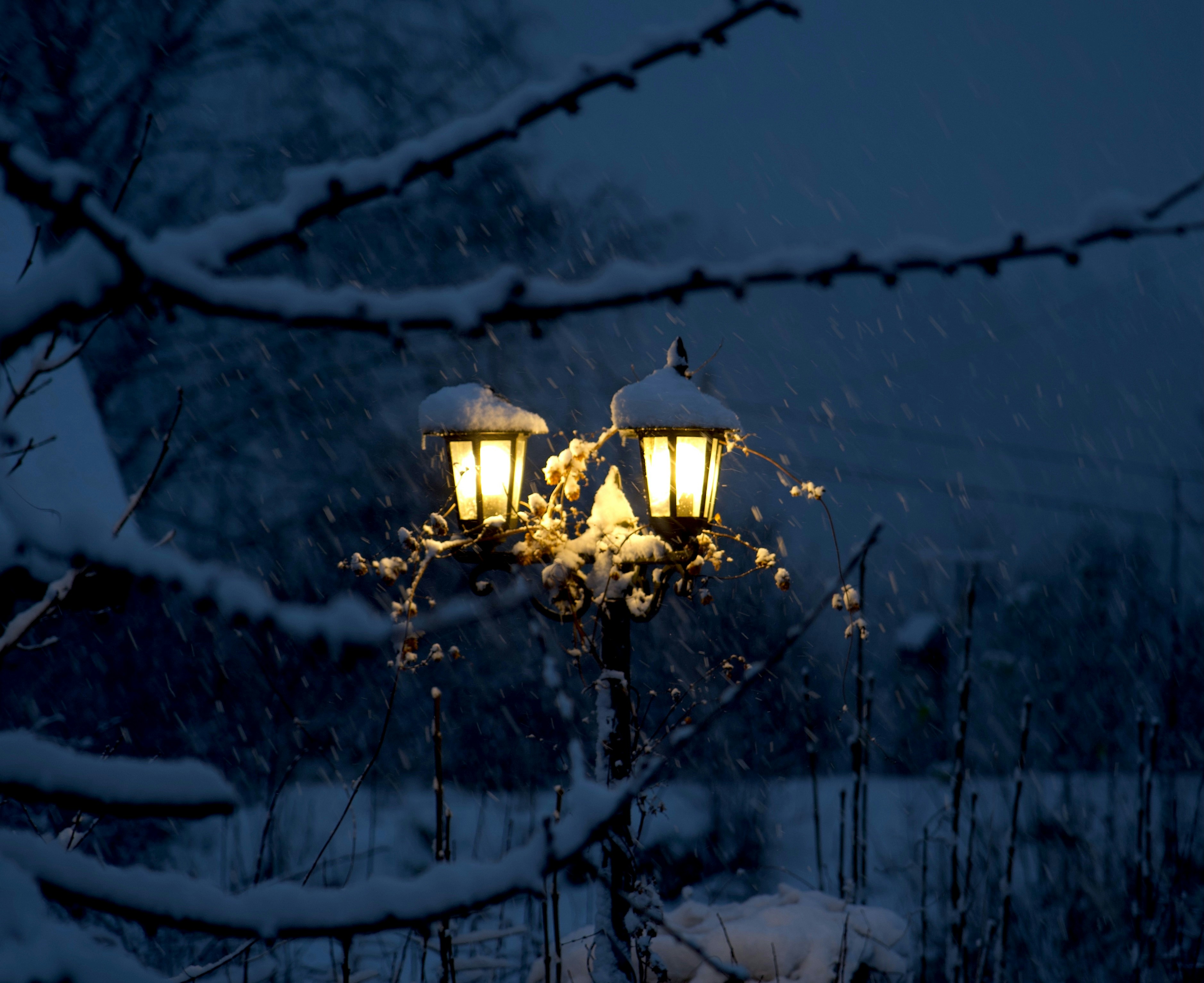 Twin Lanterns in Snowfall: A Quiet Night in the Garden