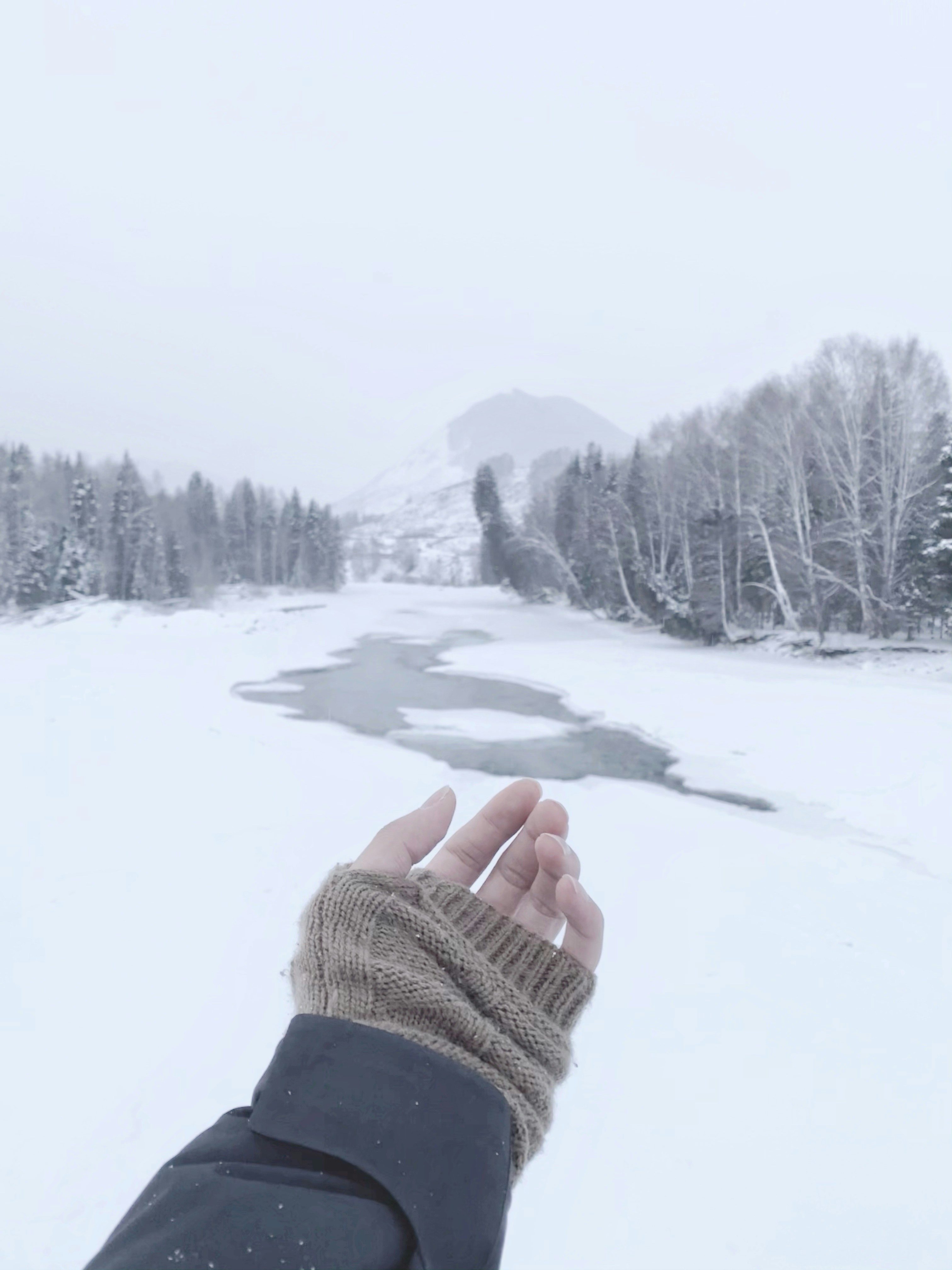 Gloved Hand Over a Snowbound River: A Quiet Winter Reach