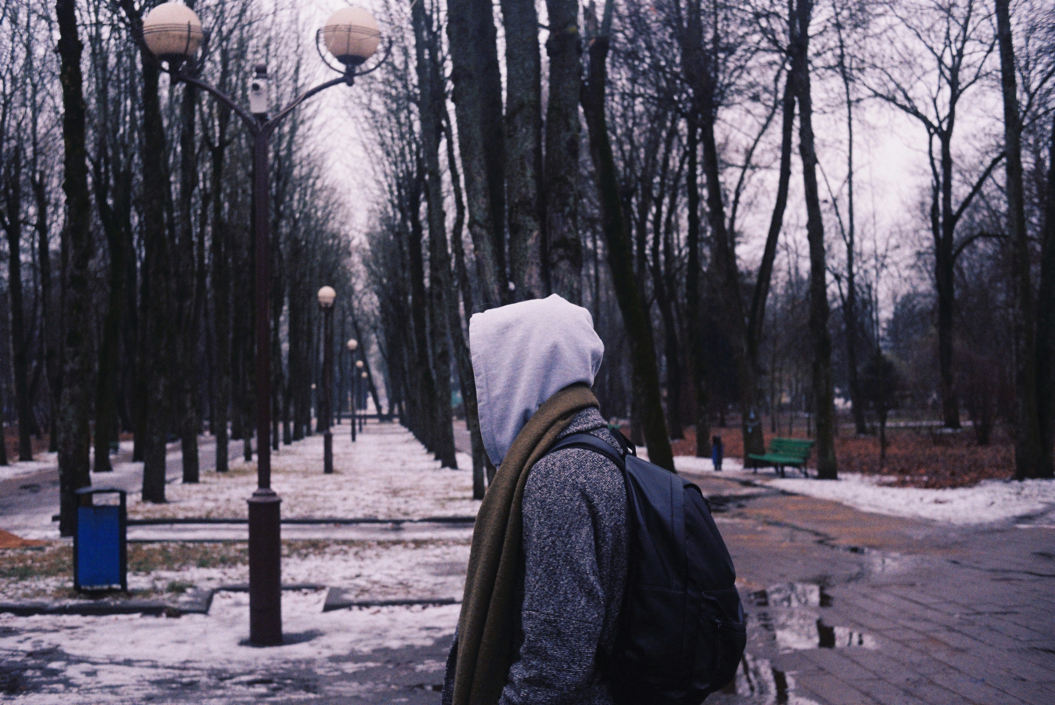 A figure in a hoodie walks through a snow-dusted park lined with tall trees, evoking a sense of solitude and introspection.