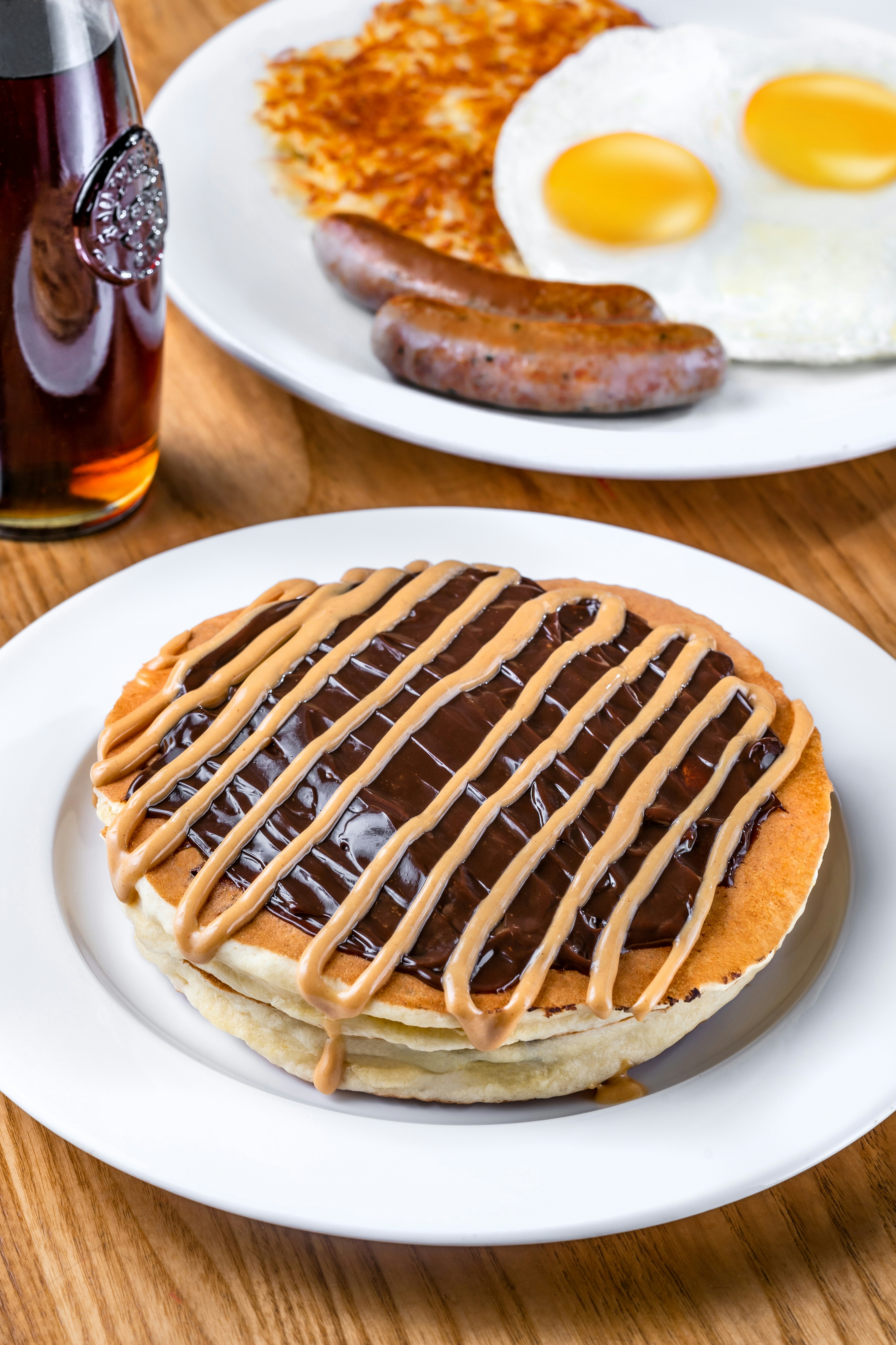 Sticky Chocolate Pancake on a Plate with Syrup Lattice