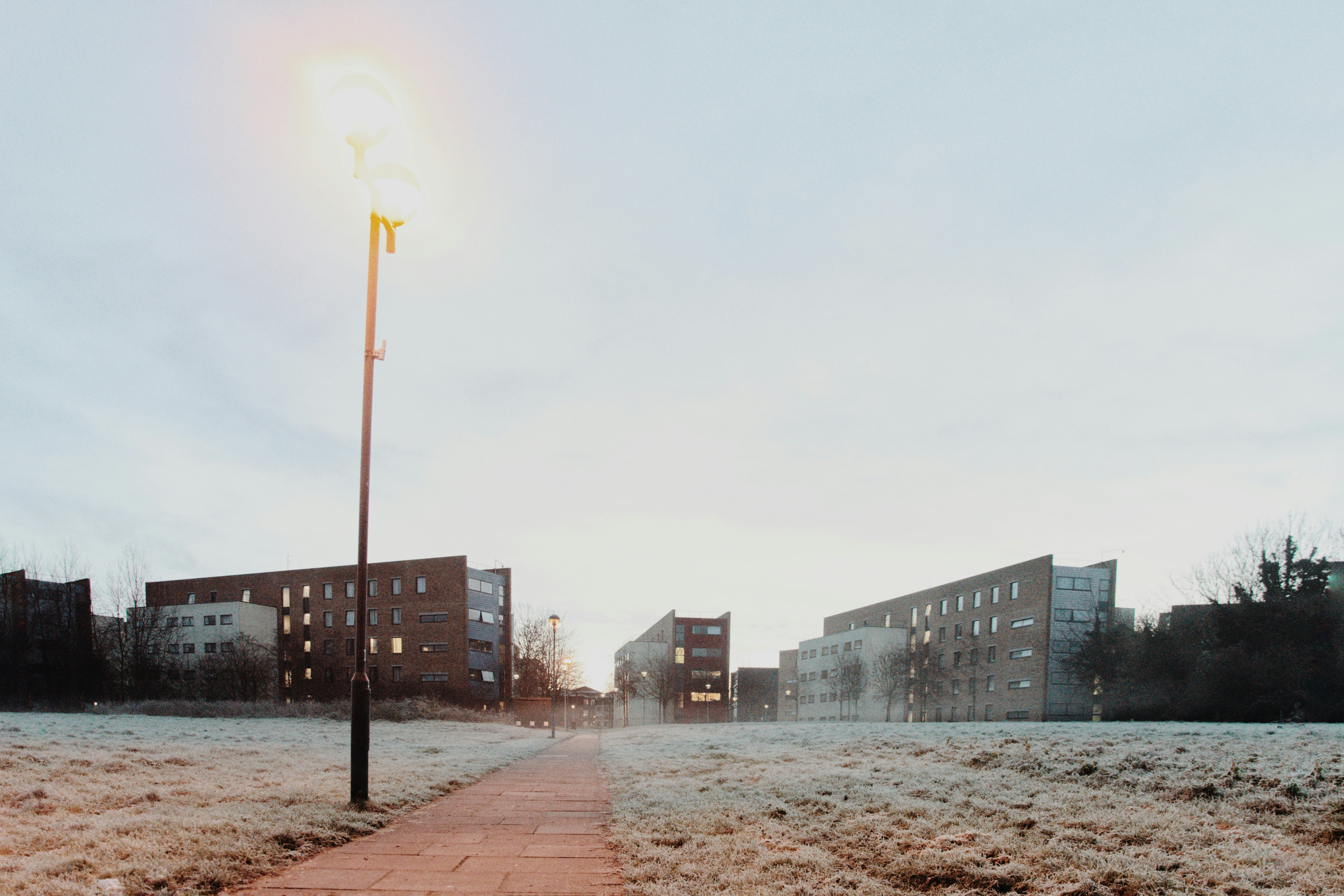 Dawn Path Toward the Row of Modern Buildings