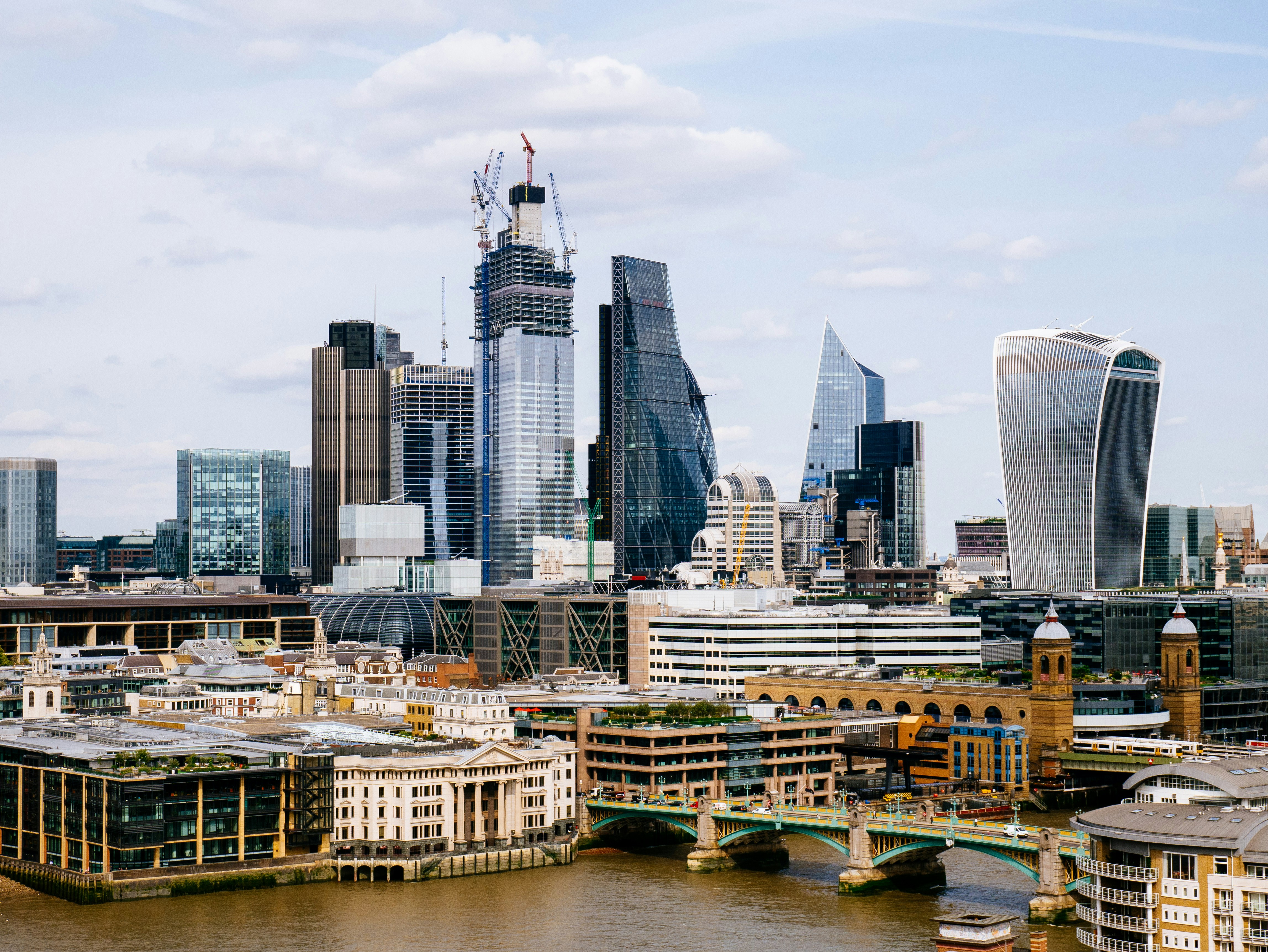 Central London cityscape with skyscrapers.