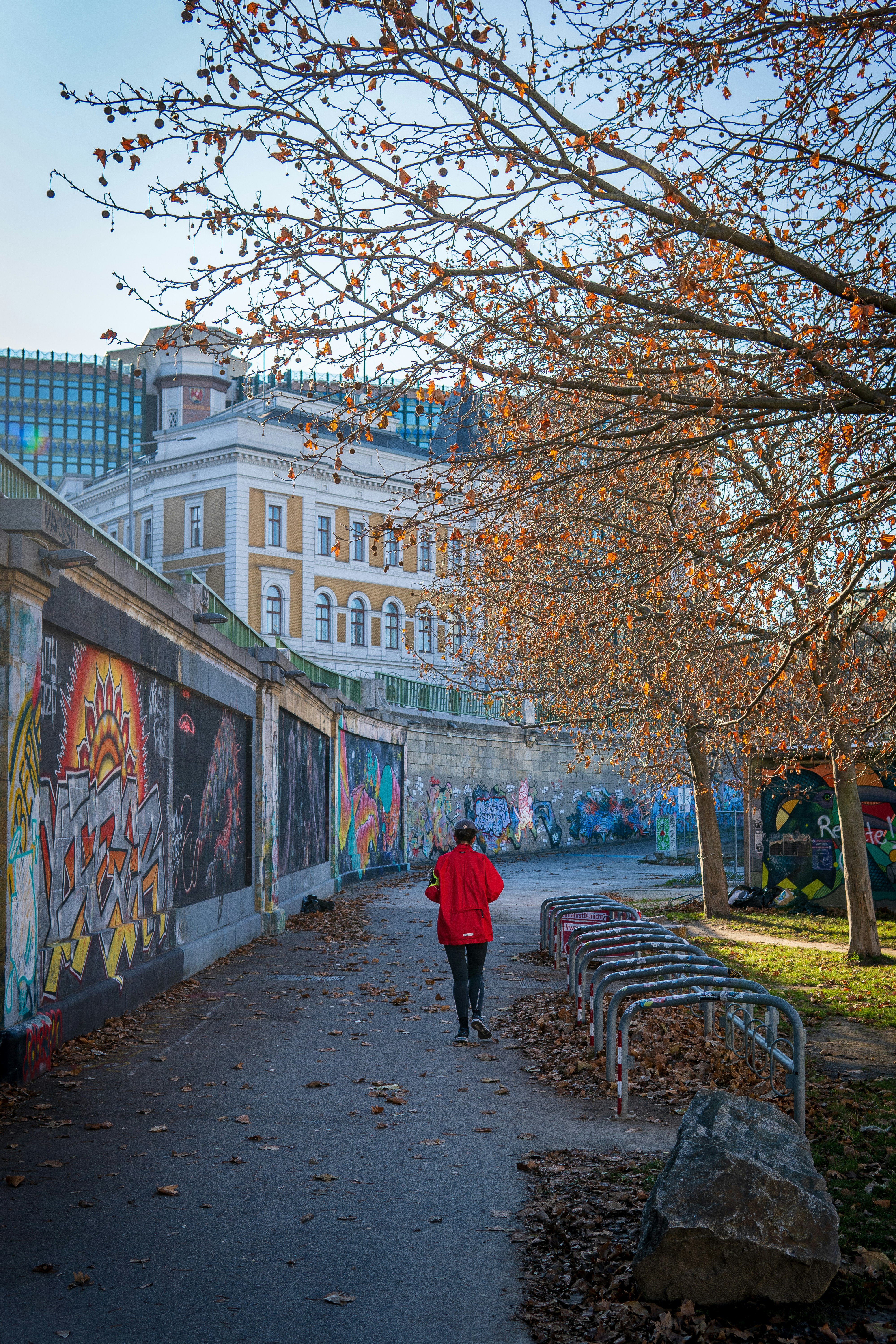 Crimson Jacket, Graffiti Wall, and Autumn Light