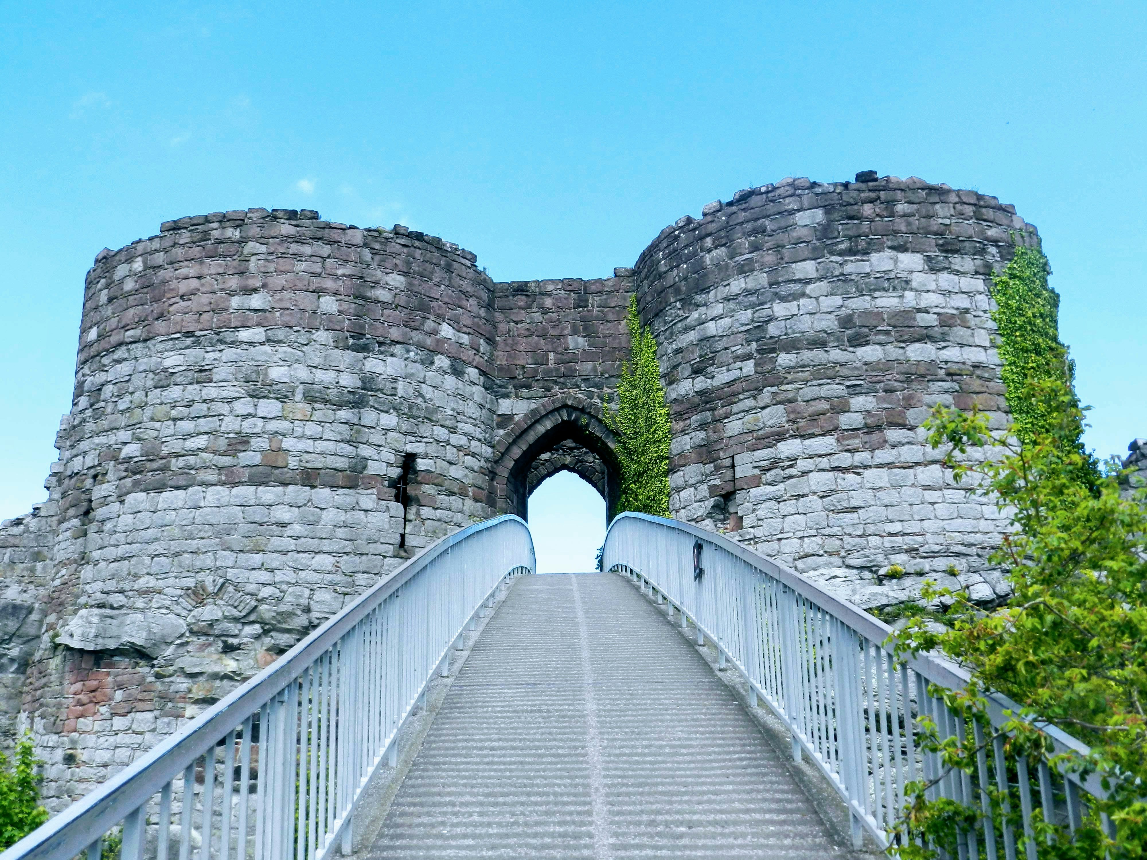 Photograph of a stone castle gate with a central staircase framed by rounded towers under a bright blue sky. Ivy clings to the walls as a metal railing guides the ascent toward the arched entrance.