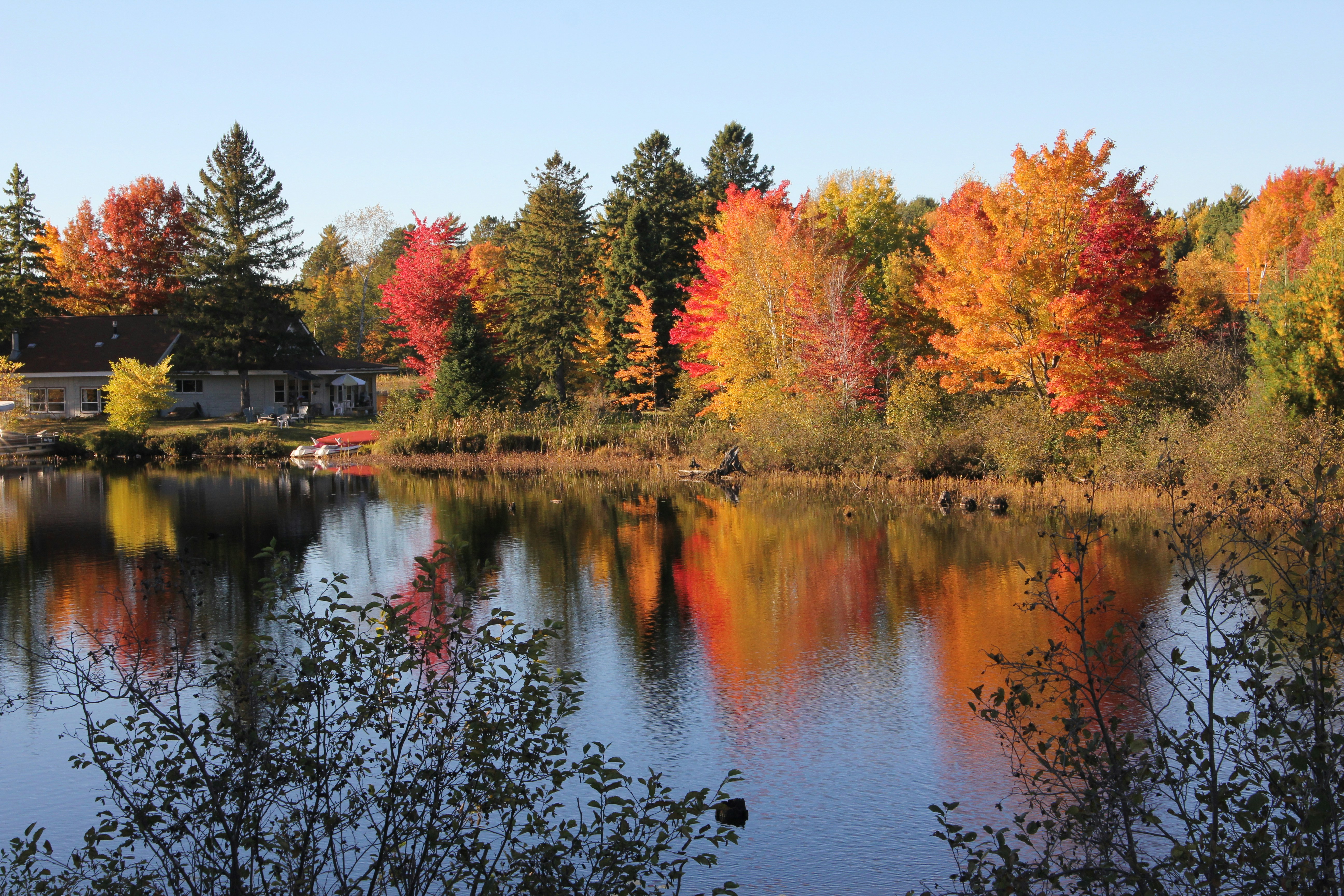 Vibrant autumn foliage reflecting on a tranquil lake, with a cozy cabin nestled among the trees. The scene captures the essence of fall's beauty.