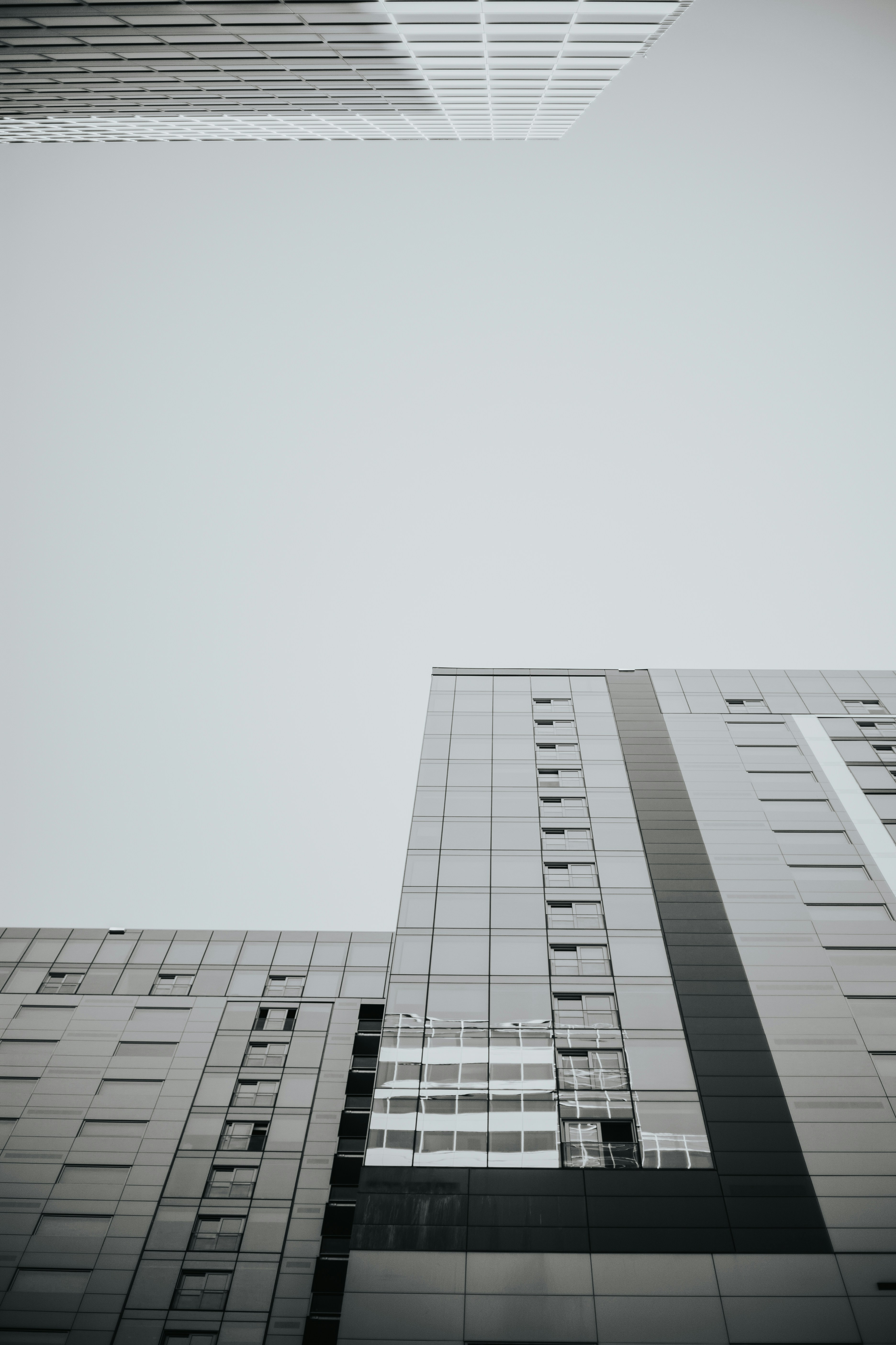 Looking up at modern skyscrapers, their reflective surfaces creating a geometric interplay against a pale sky.