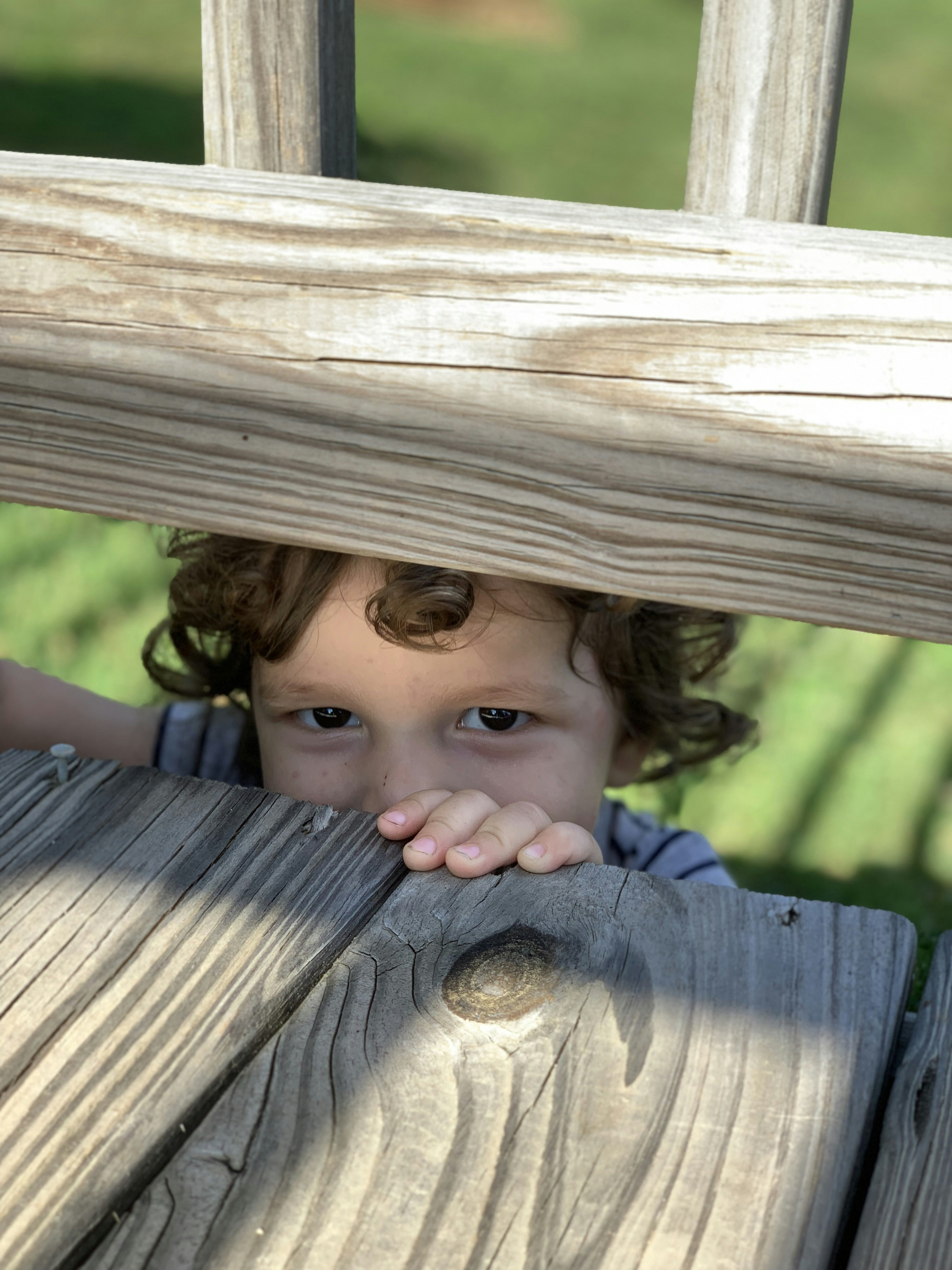 Gaze Through the Planks: A Curious Child Peeks Beyond Weathered Wood