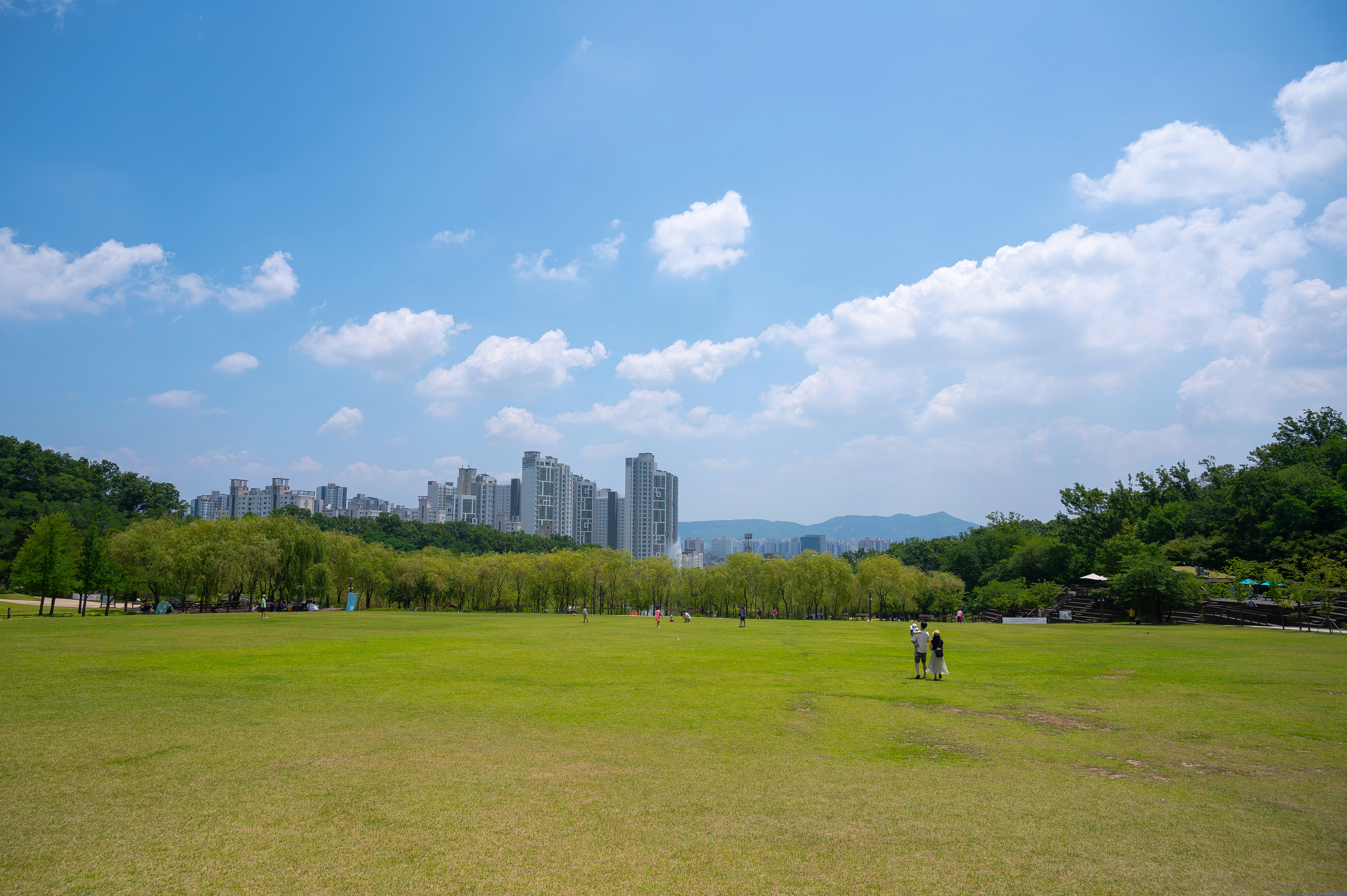 Expansive green field with two figures strolling, framed by towering urban buildings and a clear blue sky.