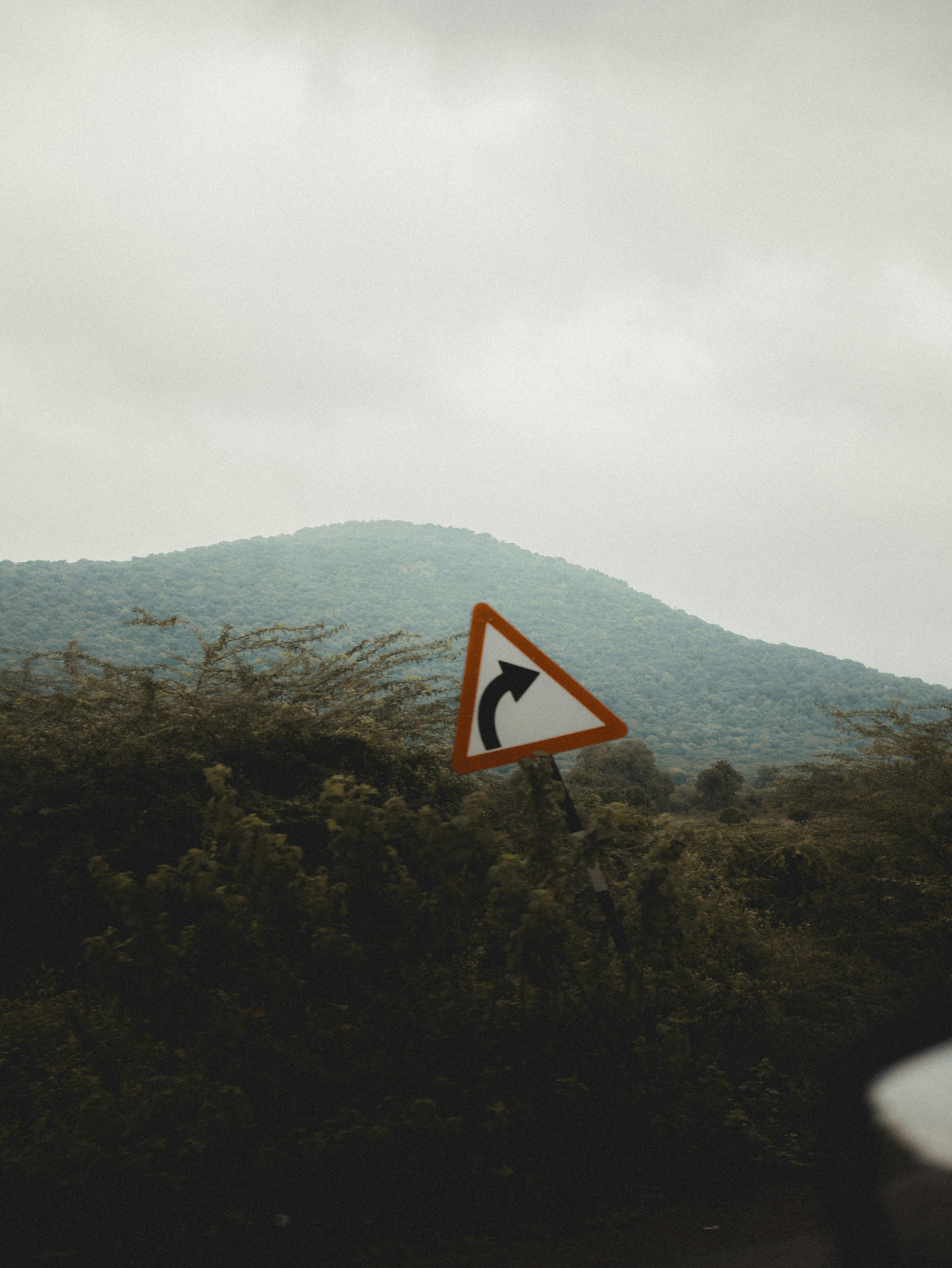 A road sign indicating a left turn stands in front of a hazy, rolling hillside under a cloudy sky.
