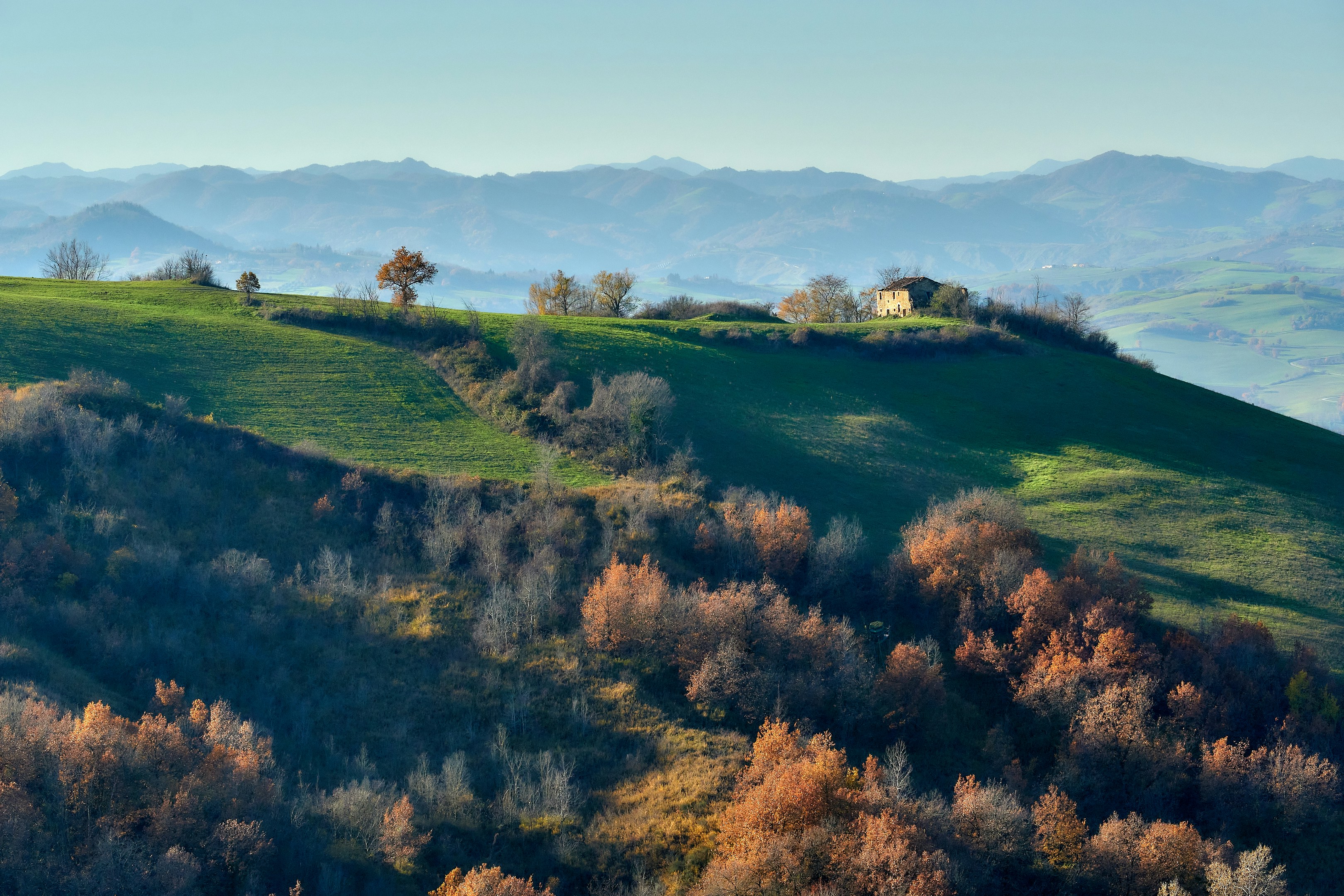 A serene hillside landscape showcasing rolling green fields and scattered autumn foliage, with a quaint house perched atop. The distant mountains create a tranquil backdrop.