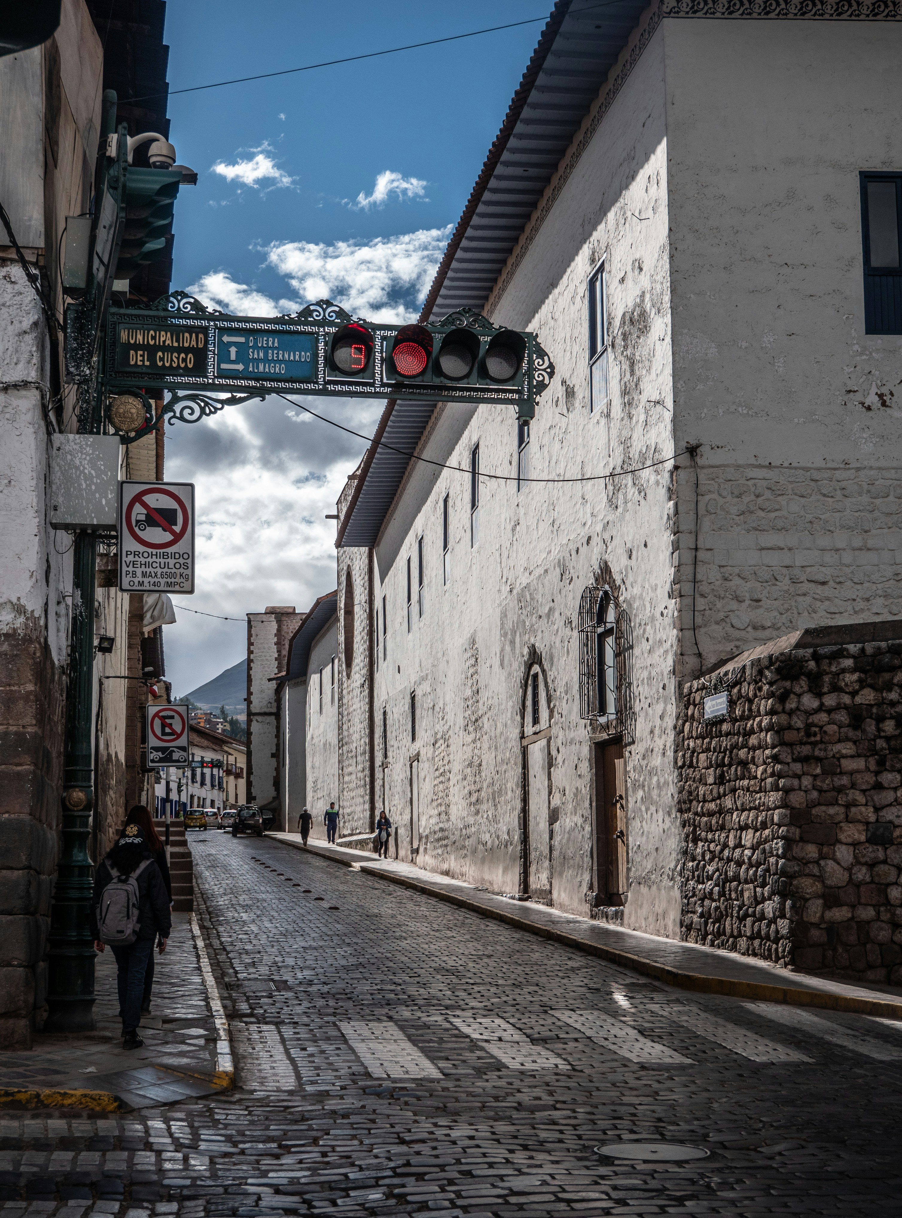 Traffic light over a street in Cusco, Peru