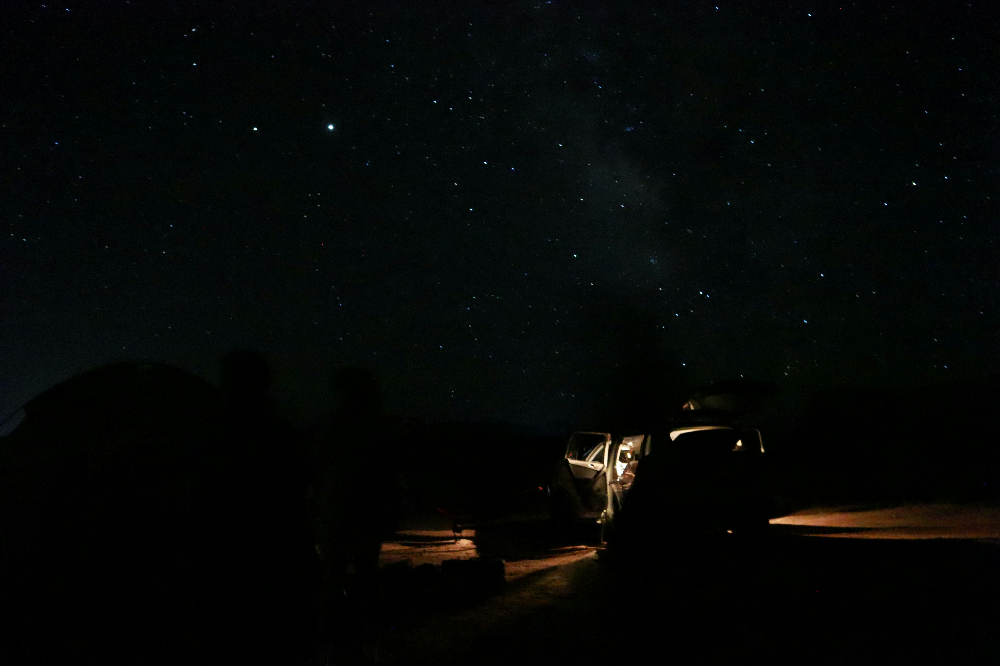 A serene night scene featuring a car illuminated by warm light against a backdrop of a star-filled sky, showcasing the Milky Way's ethereal beauty.