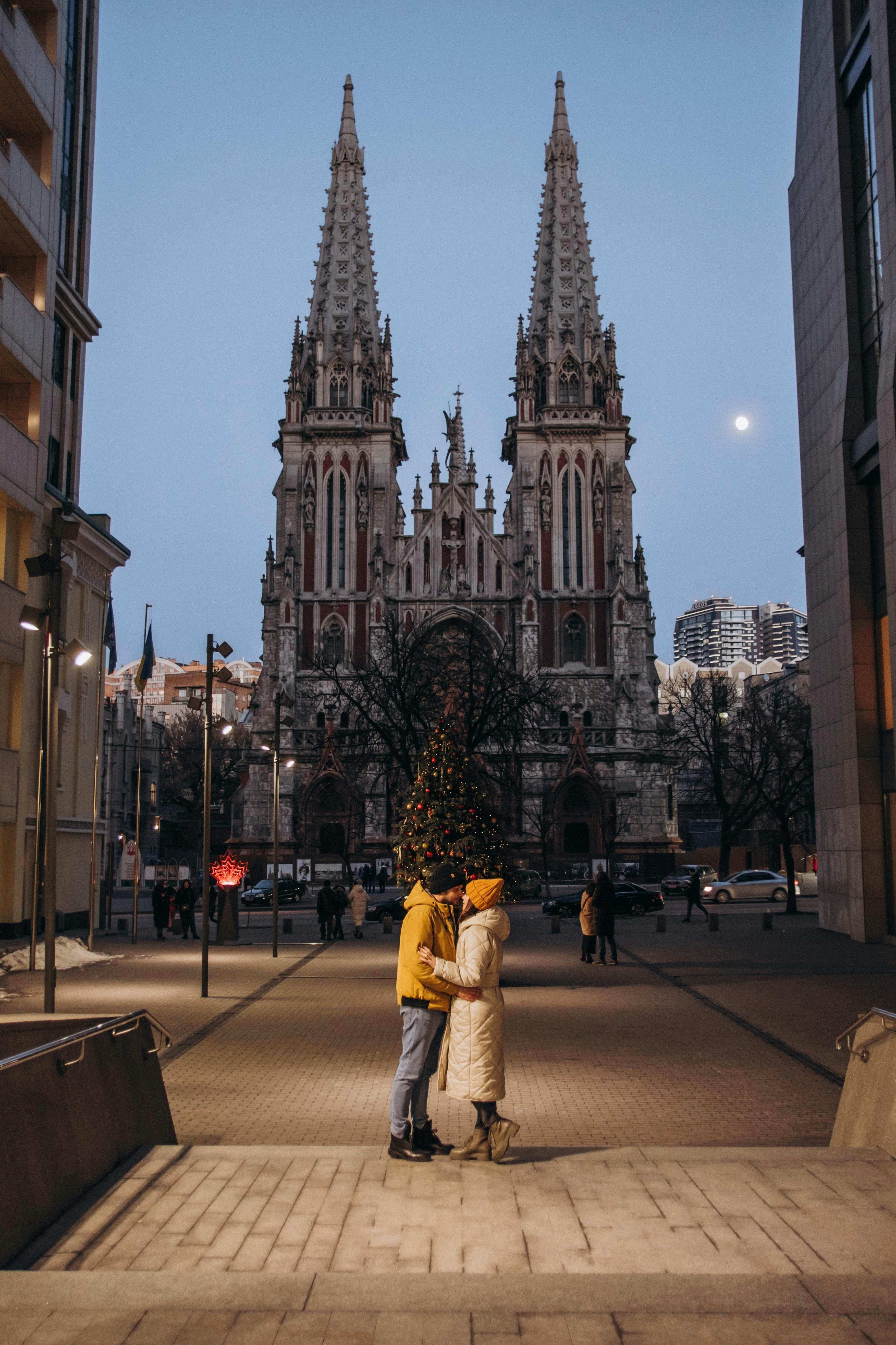Moonlit Cathedral Kiss Under City Lights