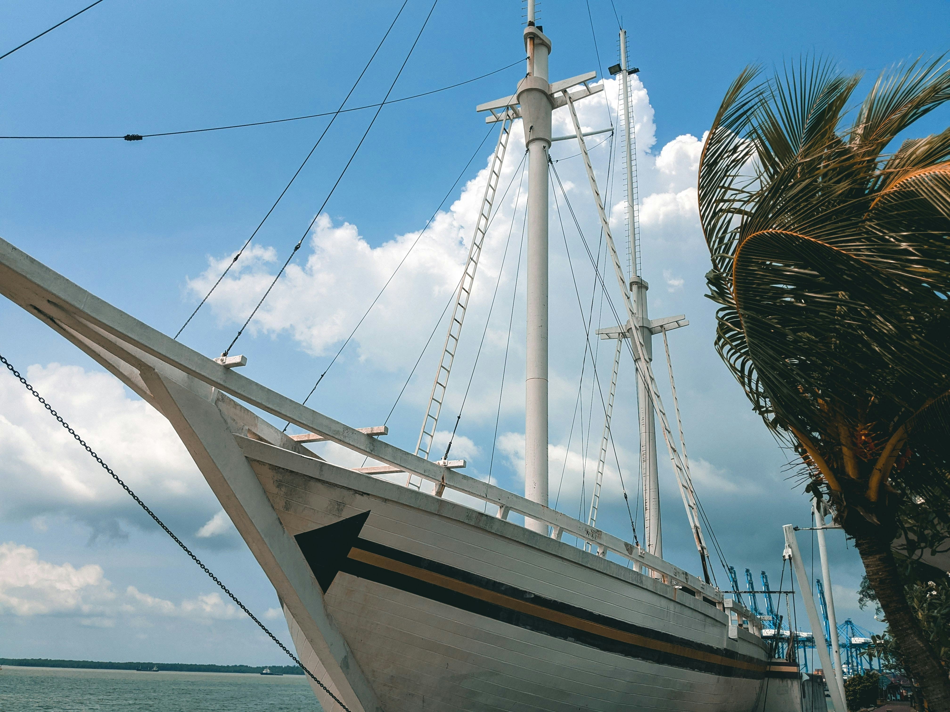 White sailboat moored beside a palm tree, set against a backdrop of fluffy clouds and blue sky.