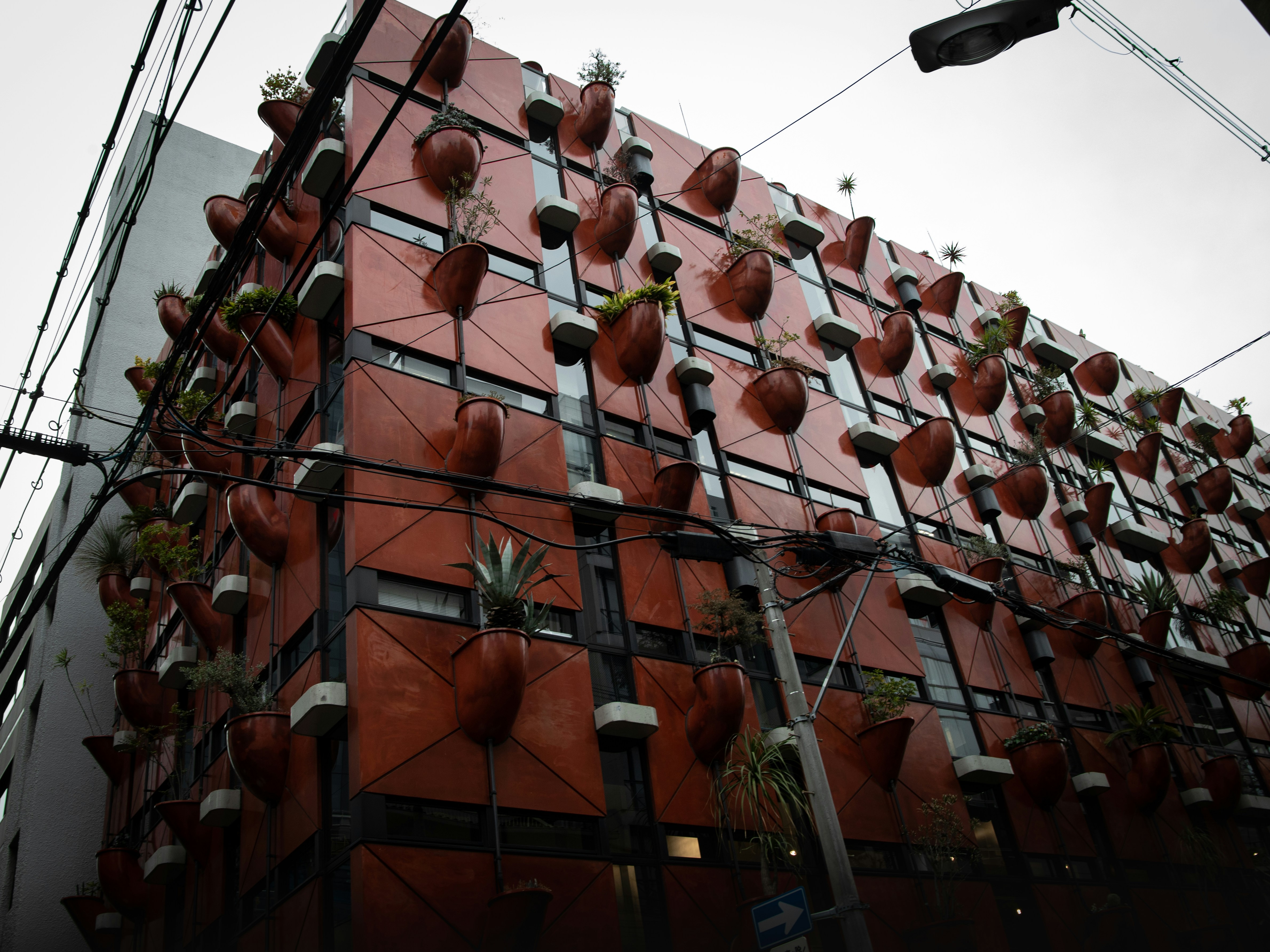 Vertical Garden Facade: A Red-Tiled Wall of Potted Greenery Climbing the Urban Grid