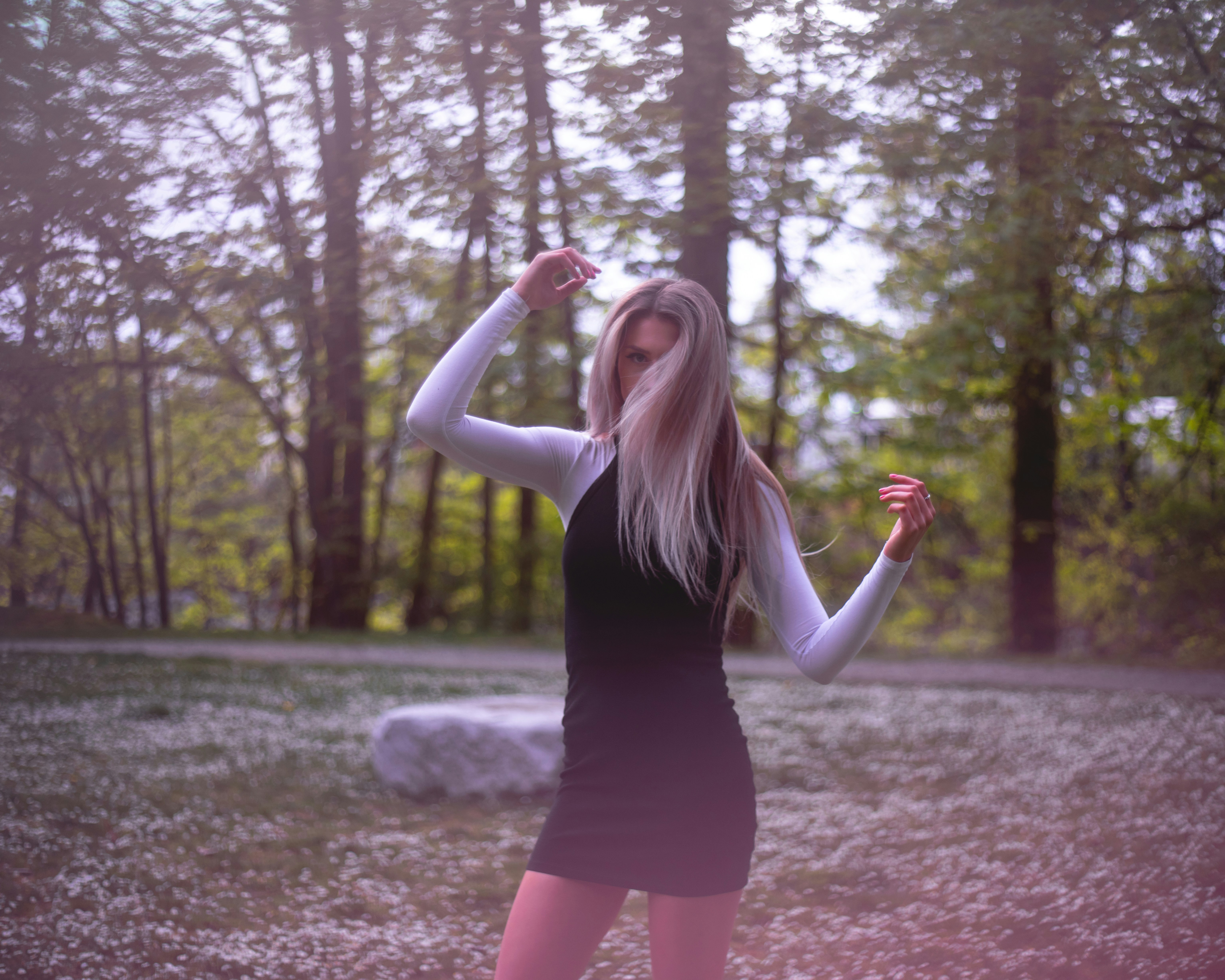 Sunlit Silhouette: A Lilac-Tinted Pose in the Clearing