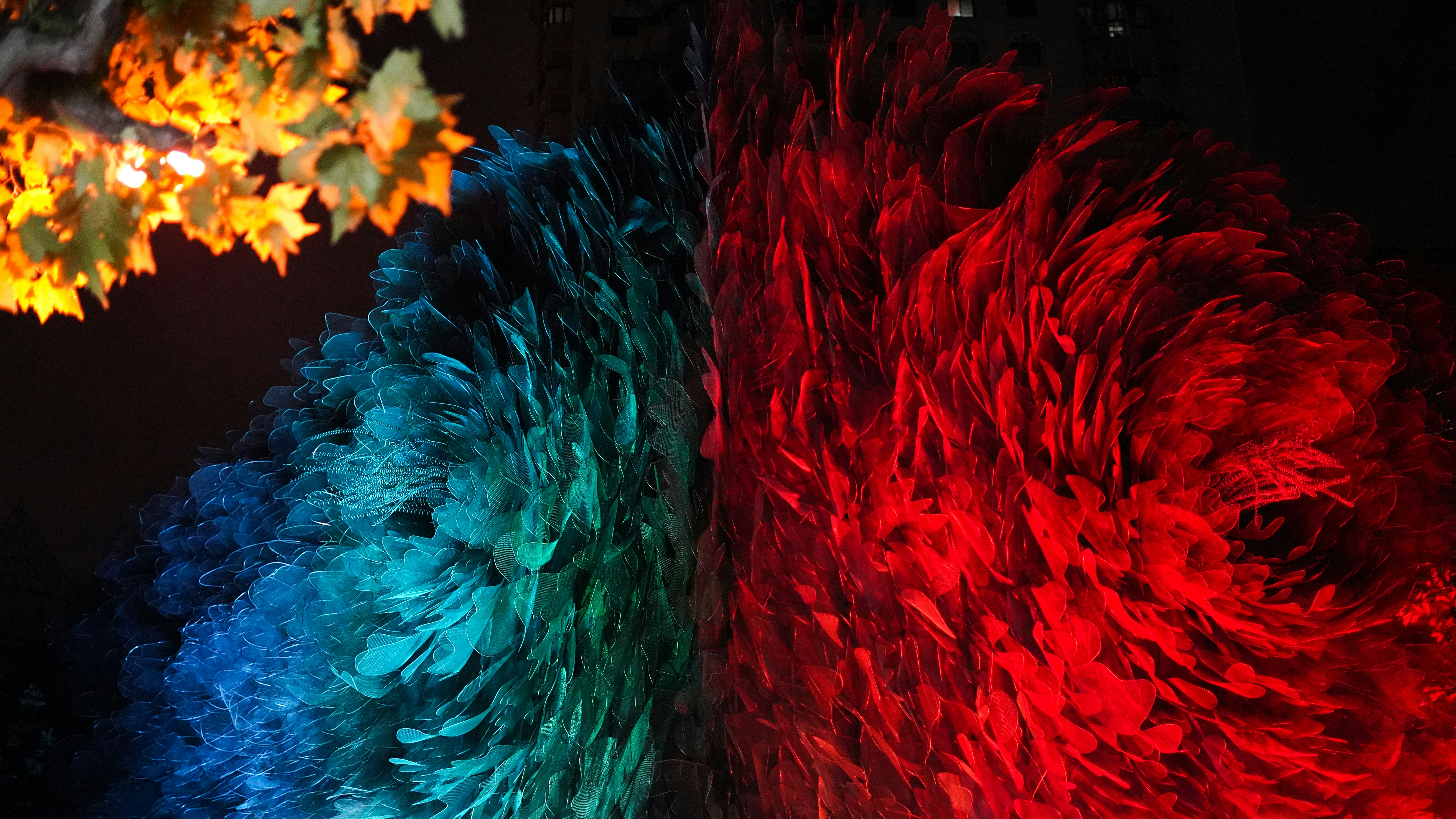 Feathered Neon Spiral: Teal Winds Meet Crimson Fire