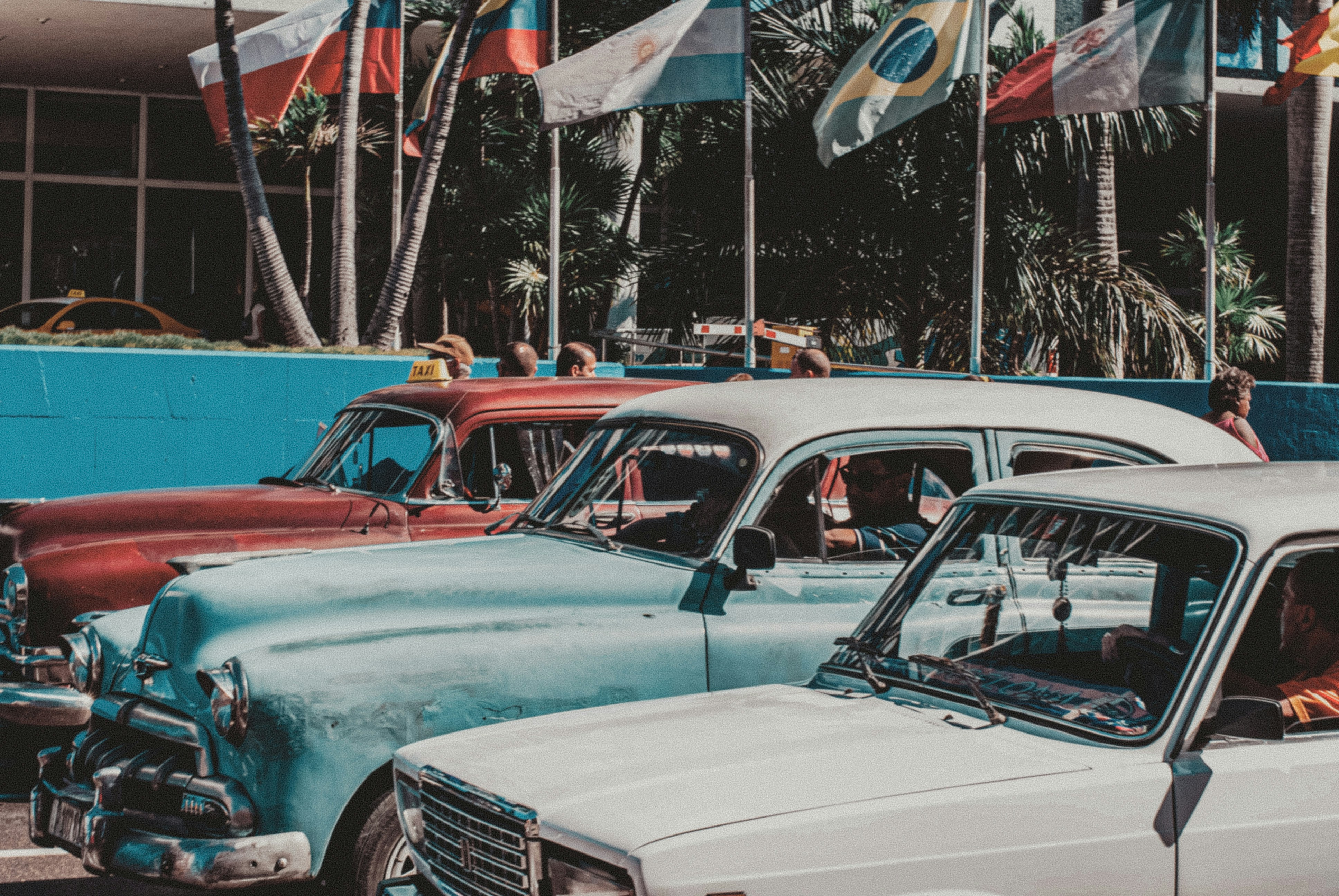 Chrome Parade Under Flags: A Sunlit Row of Mid-Century Cars