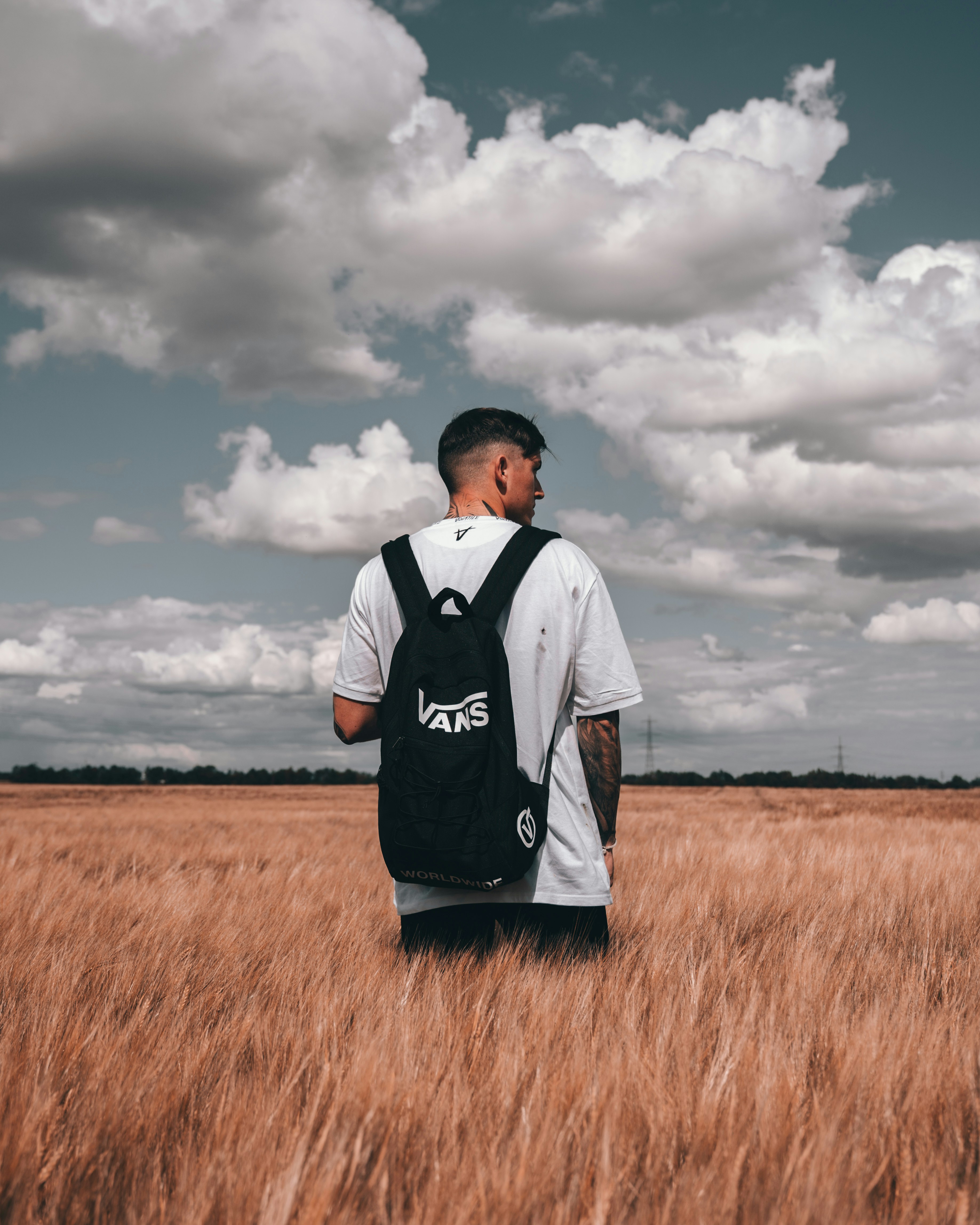 Backpacker in a Golden Field Under Expansive Sky