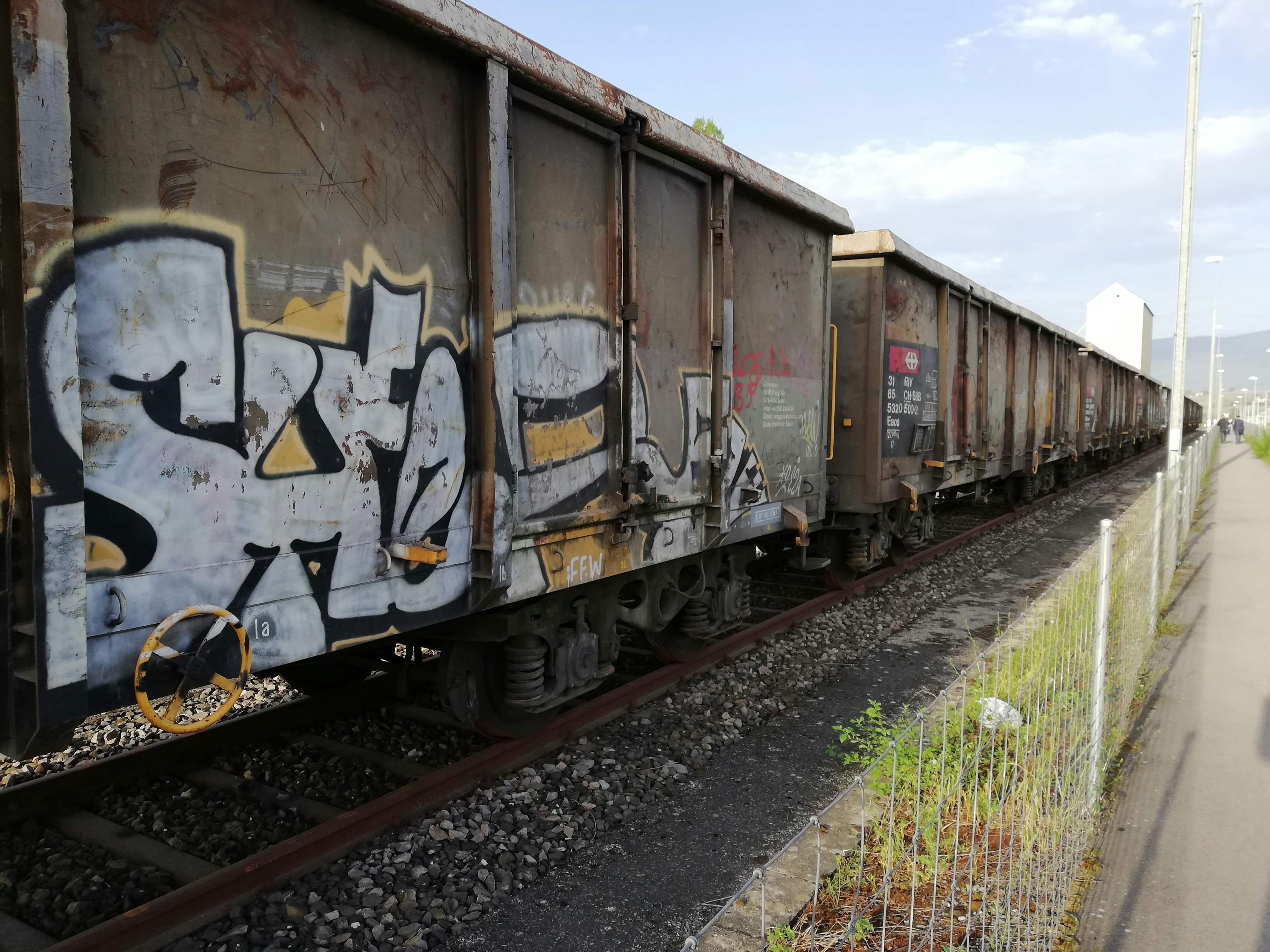 Graffiti-covered freight cars run along rusted tracks beside a chain-link fence under a clear sky.