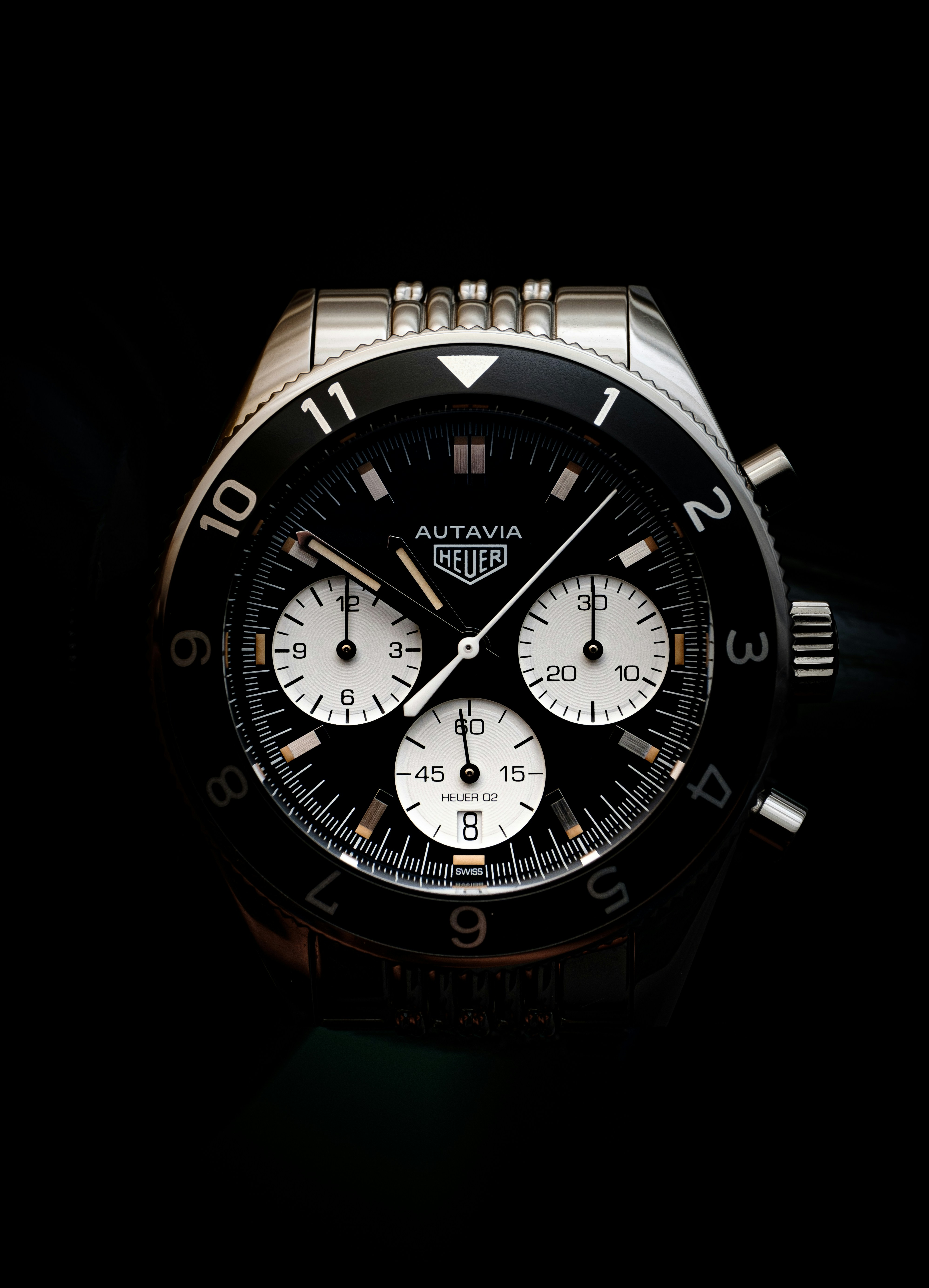 silver and black chronograph watch