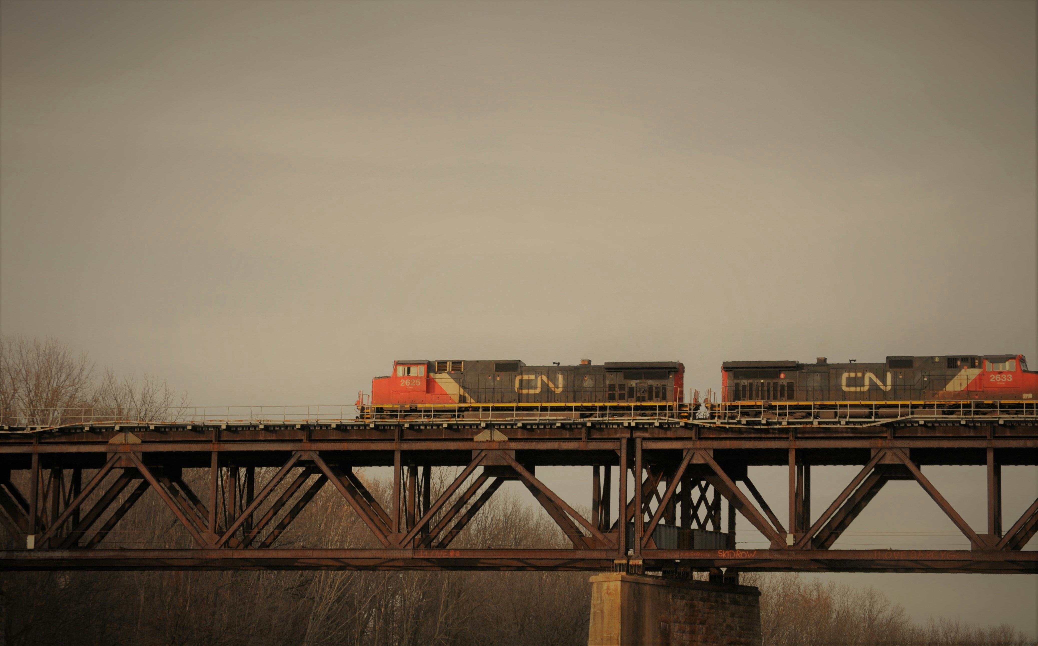 Two CN locomotives traverse a weathered steel bridge, framed by a muted sky and sparse trees.