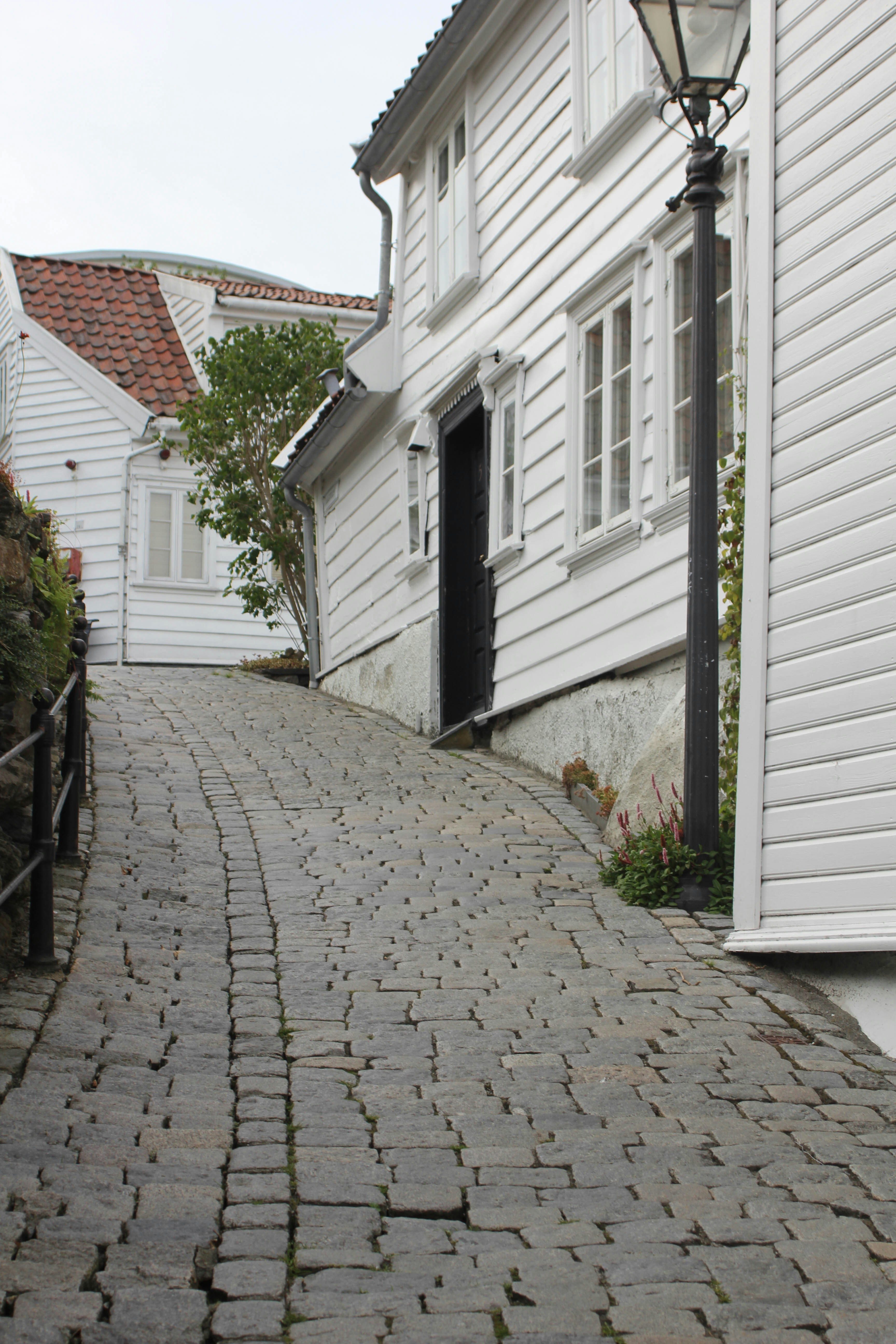 Cobblestone path winding between white wooden houses under an overcast sky.