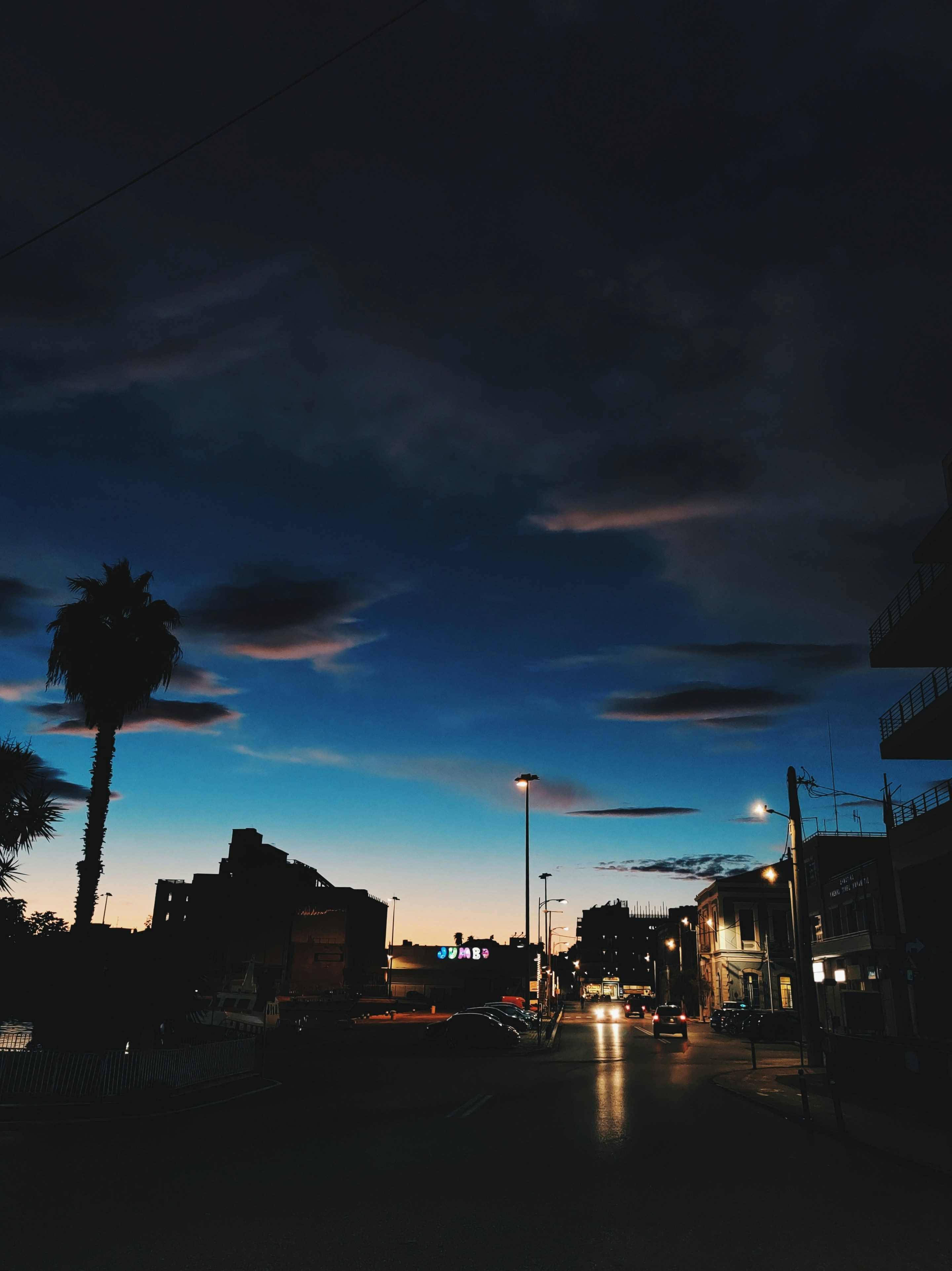 Silhouetted palm tree and buildings under a deep blue twilight sky, with streetlights illuminating the quiet urban scene.