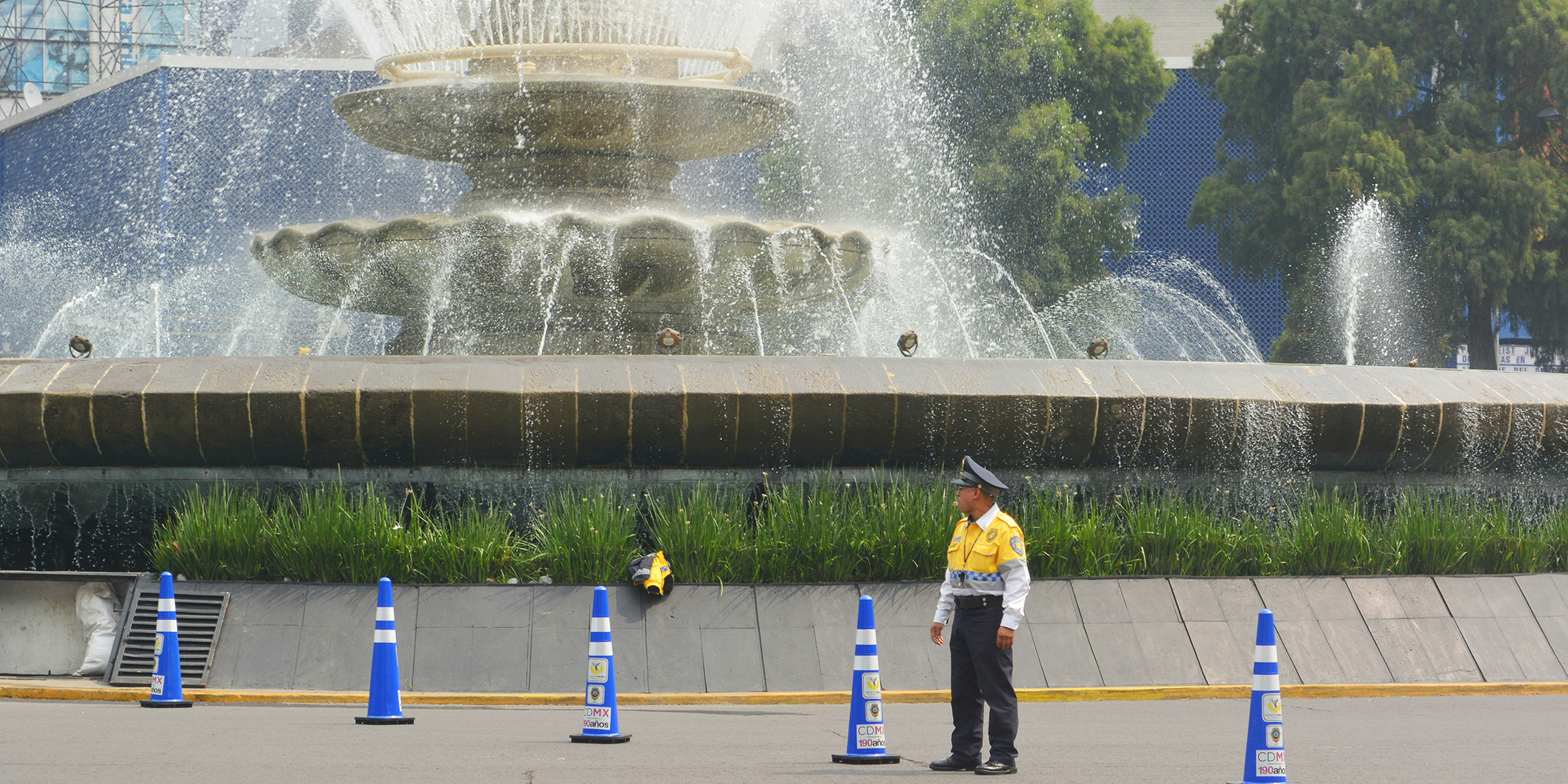 Sentinel by the Cascading Fountain in a City Plaza
