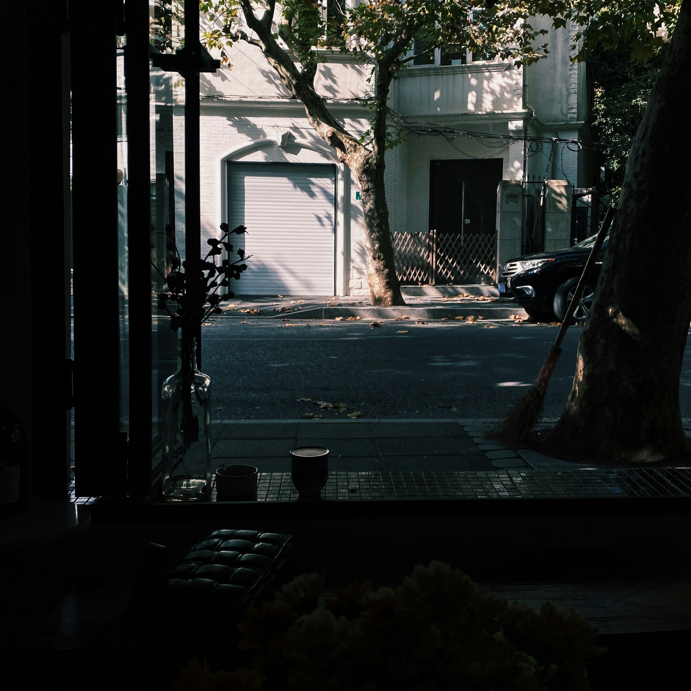 View of a quiet urban street framed by a window, featuring a tree and a closed garage door. The scene captures a moment of tranquility in a bustling city.