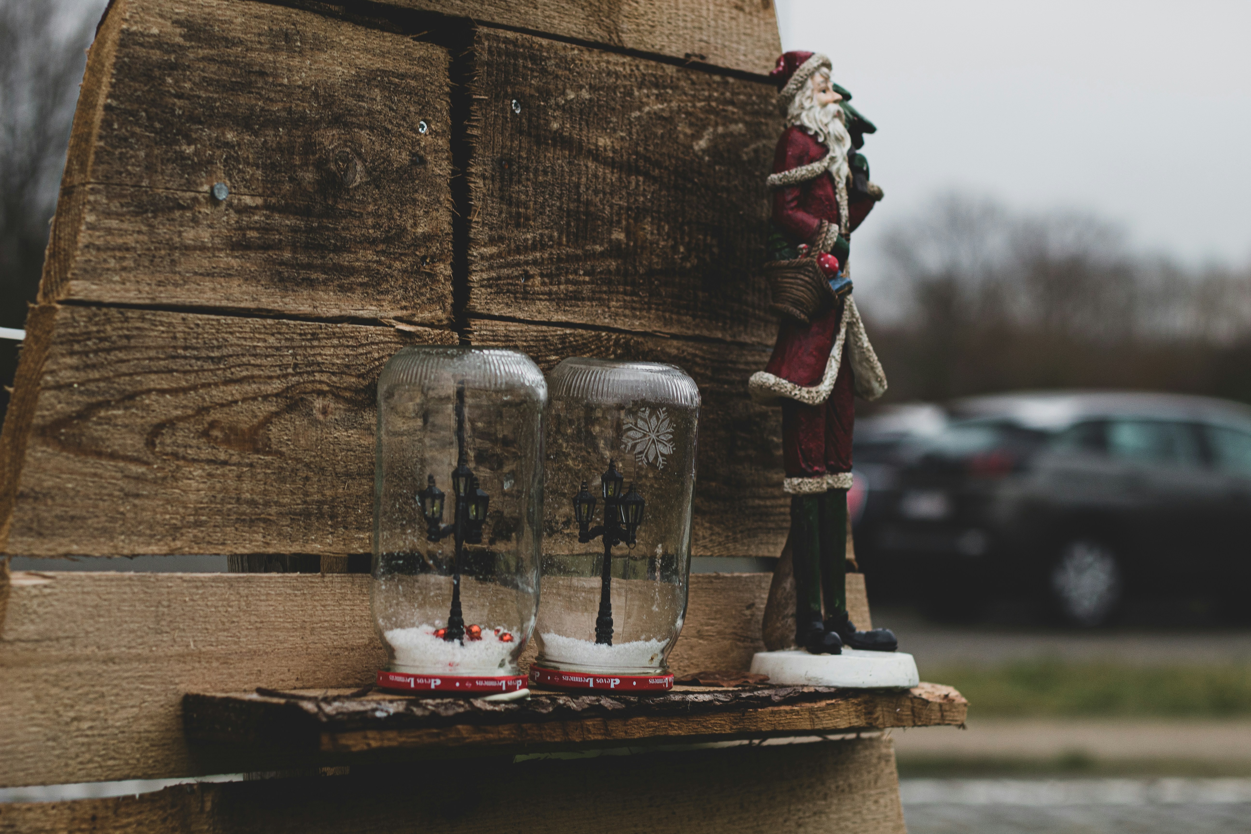 Winter Tiny Worlds on a Weathered Post by the Roadside