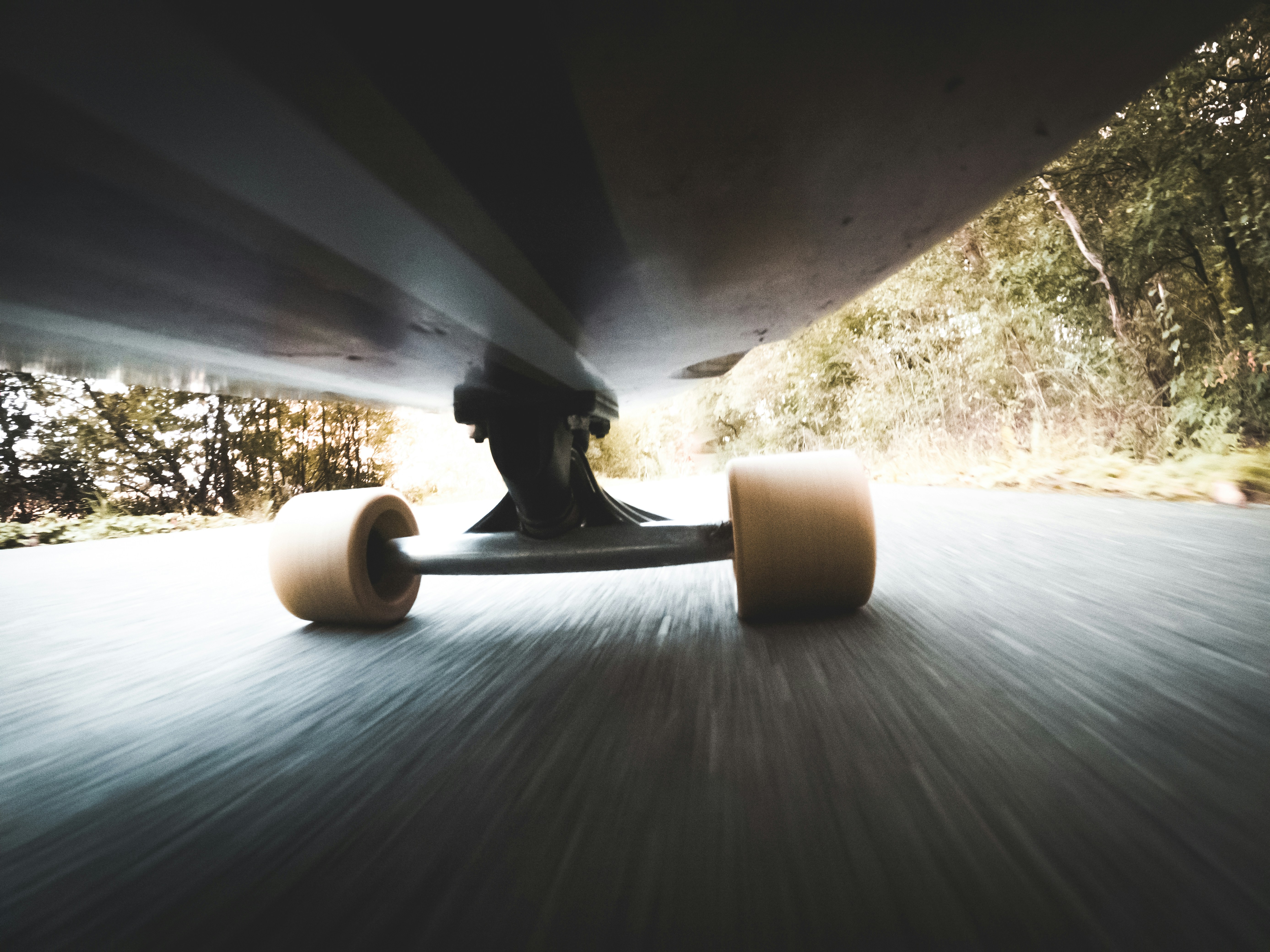 Low-angle view of skateboard wheels rolling along a smooth path, surrounded by a blur of greenery. The perspective emphasizes speed and movement.