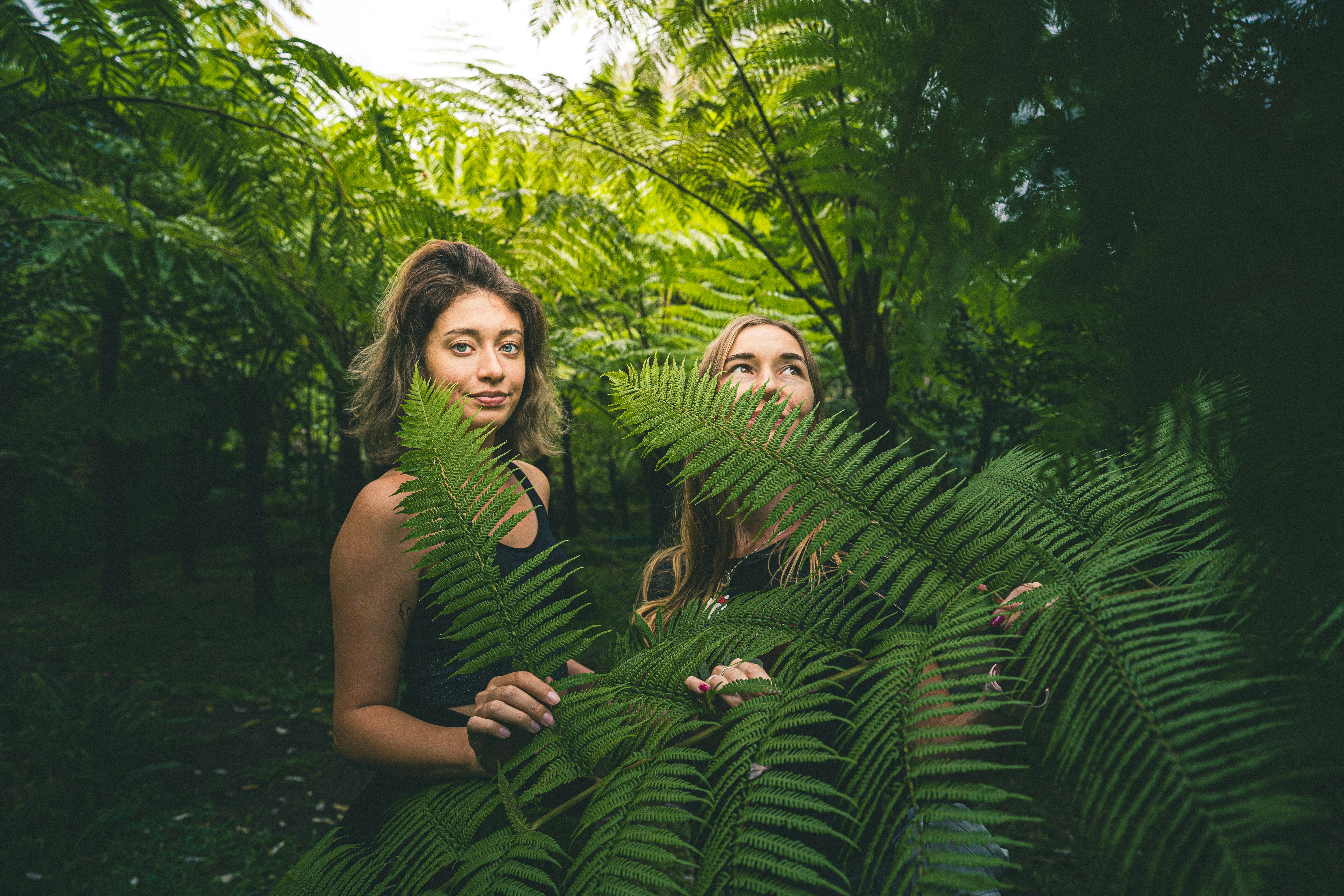 Two people stand partially hidden behind lush ferns in a green forest.