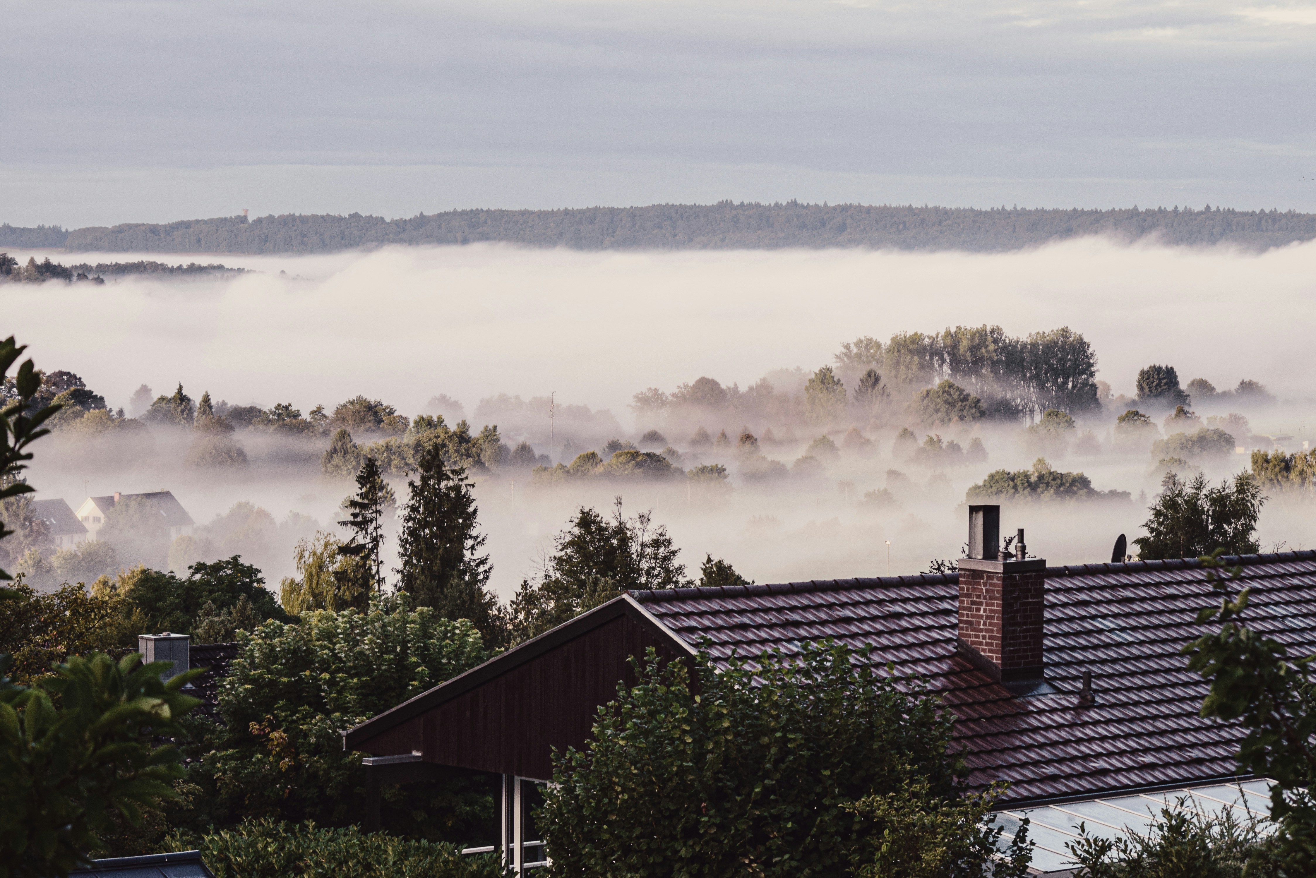 Chimney Rising Through a Veil of Morning Fog Over Suburban Rooftops