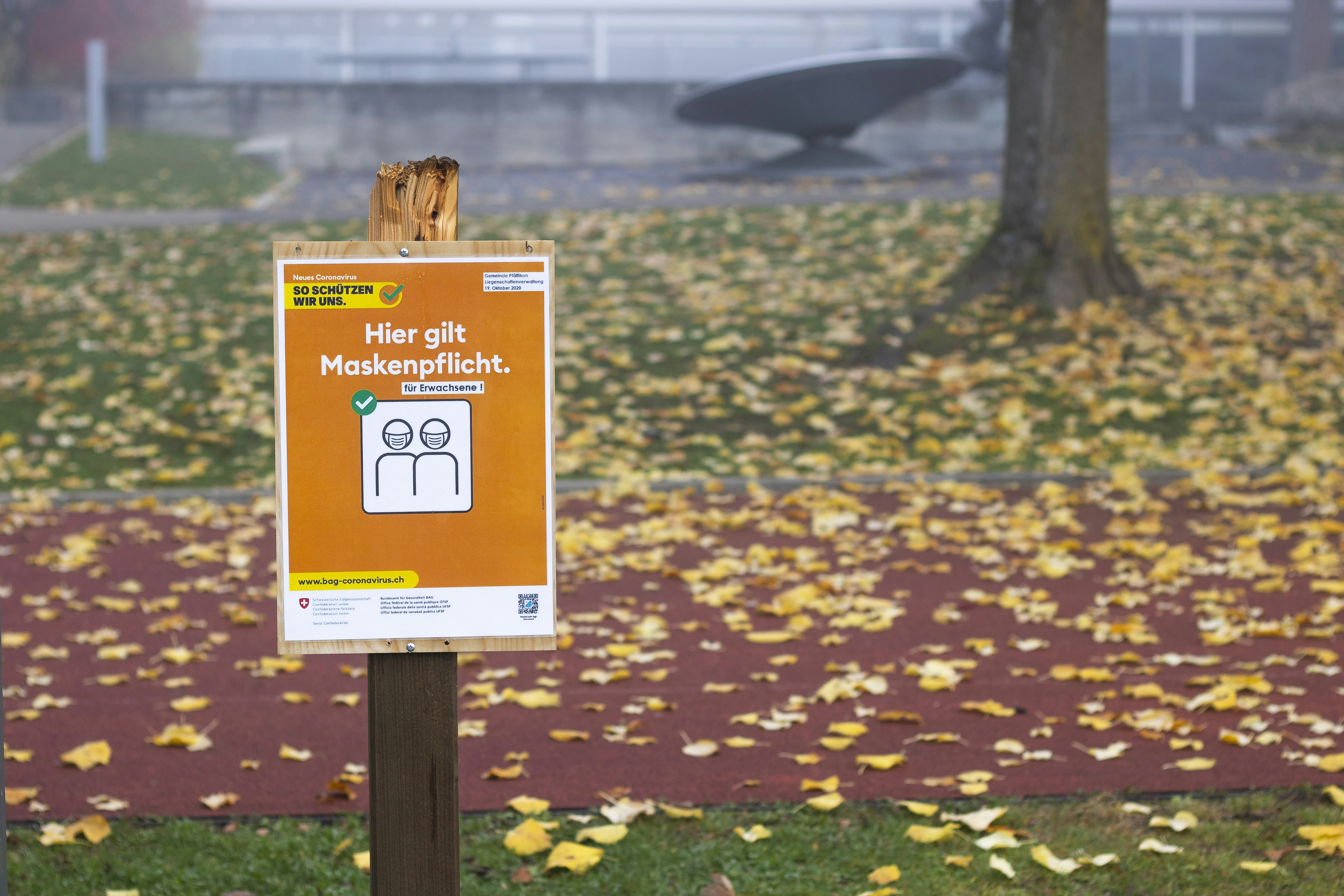 Sign indicating mask requirement in a park, surrounded by fallen leaves. The background features a blurred sculpture, enhancing the focus on the sign.