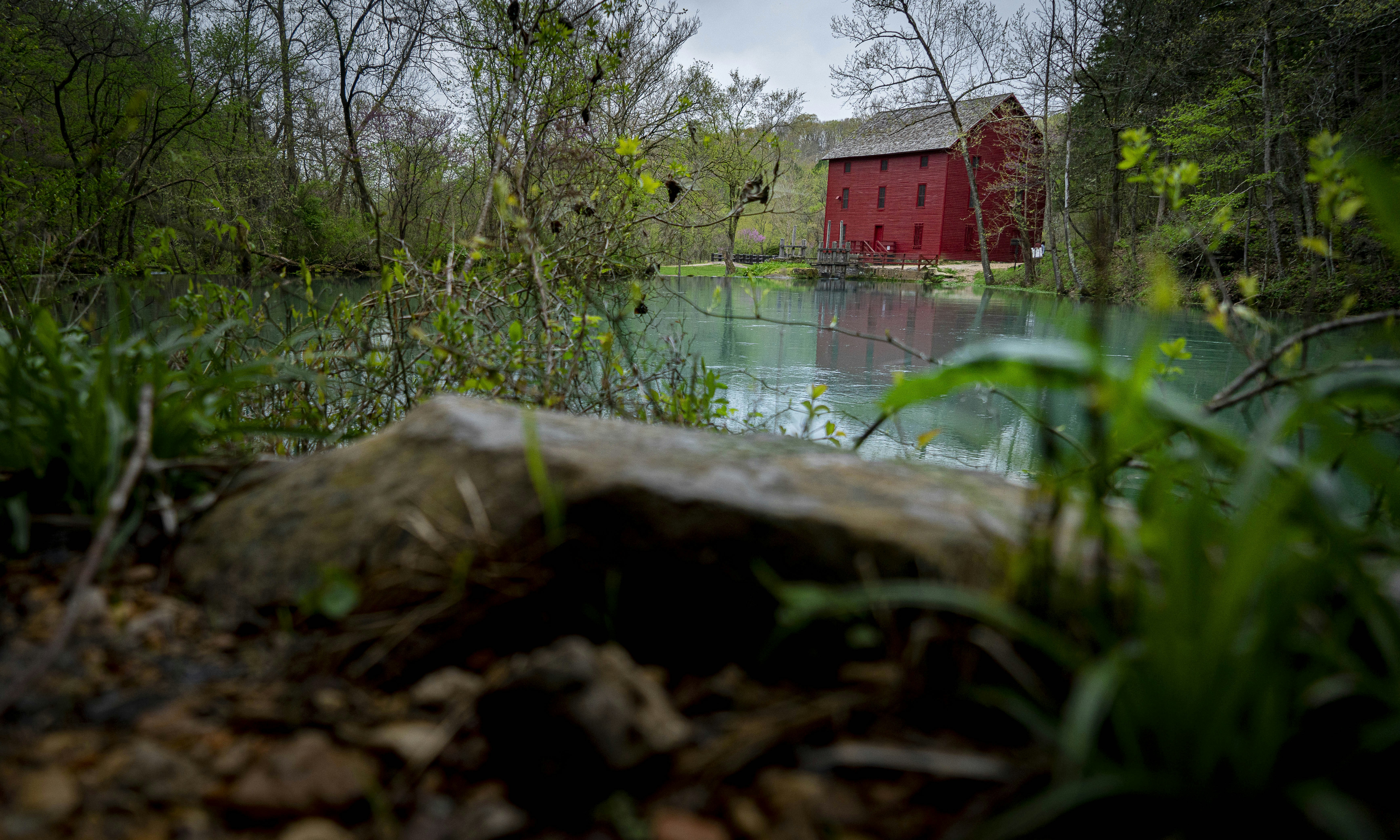 Red mill by a tranquil pond surrounded by lush greenery and overcast skies.