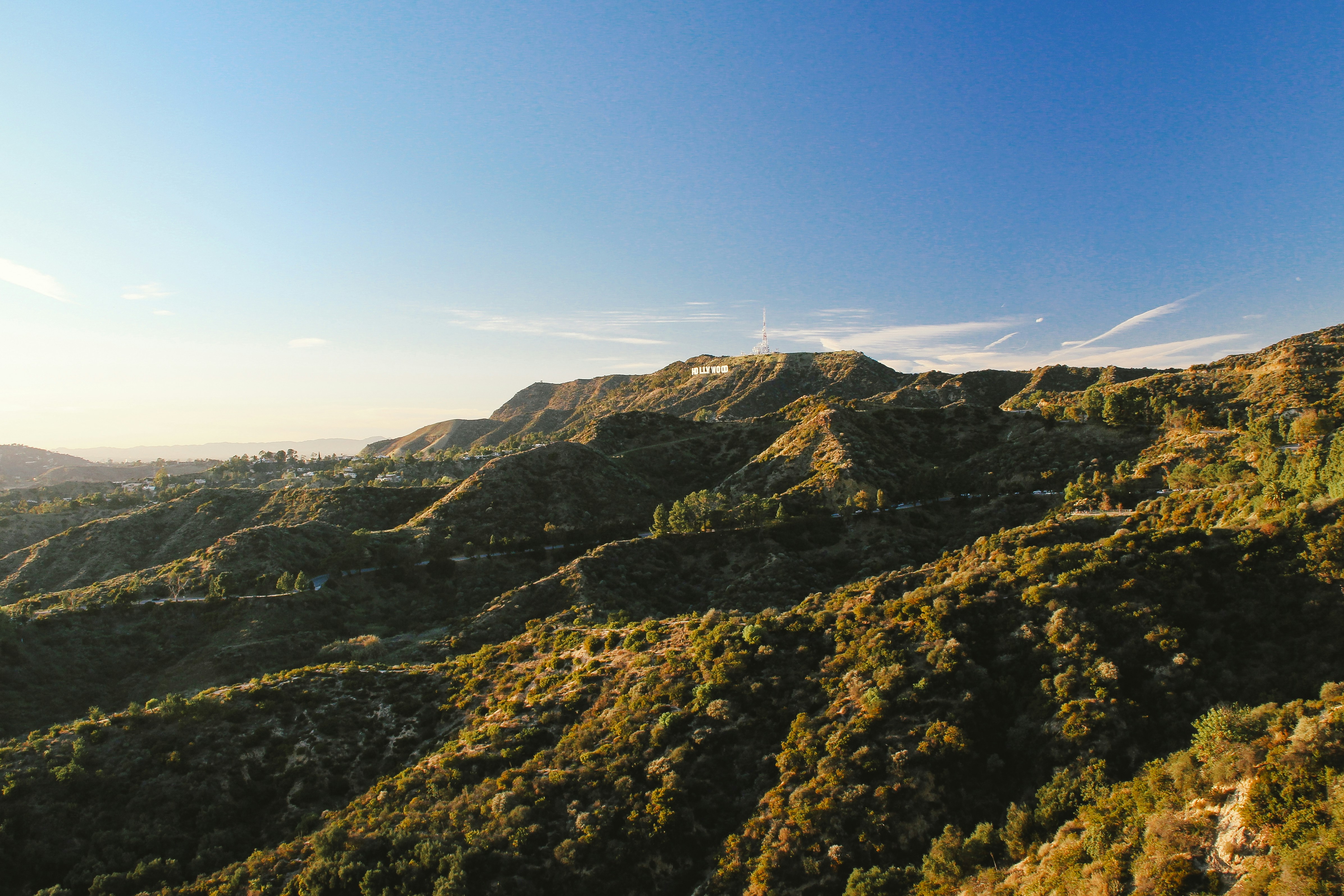 Rolling hills adorned with lush greenery under a clear blue sky, showcasing the natural beauty of Southern California's terrain.