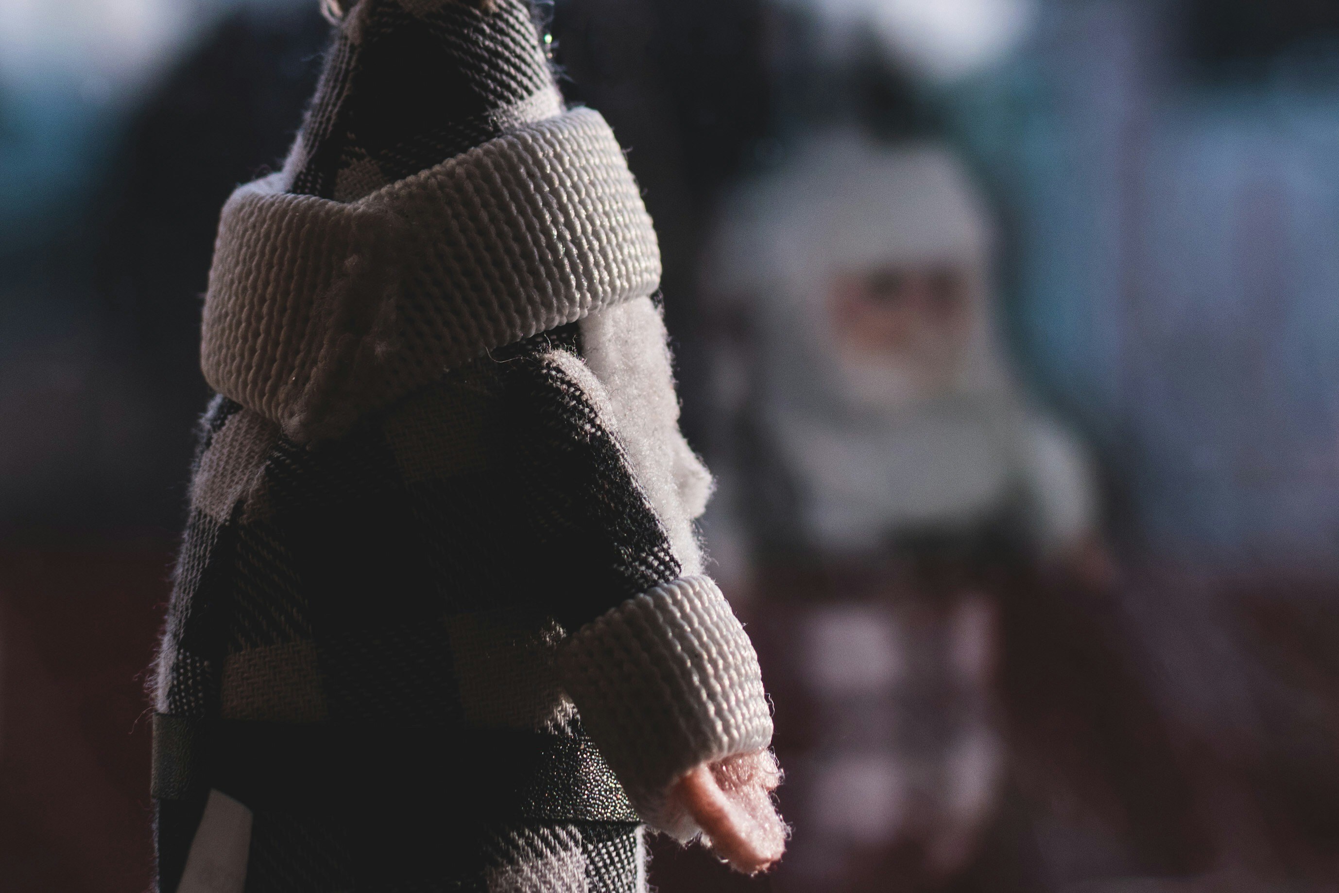 Textured Warmth in Focus: Plaid Wool Sleeve in Soft Light