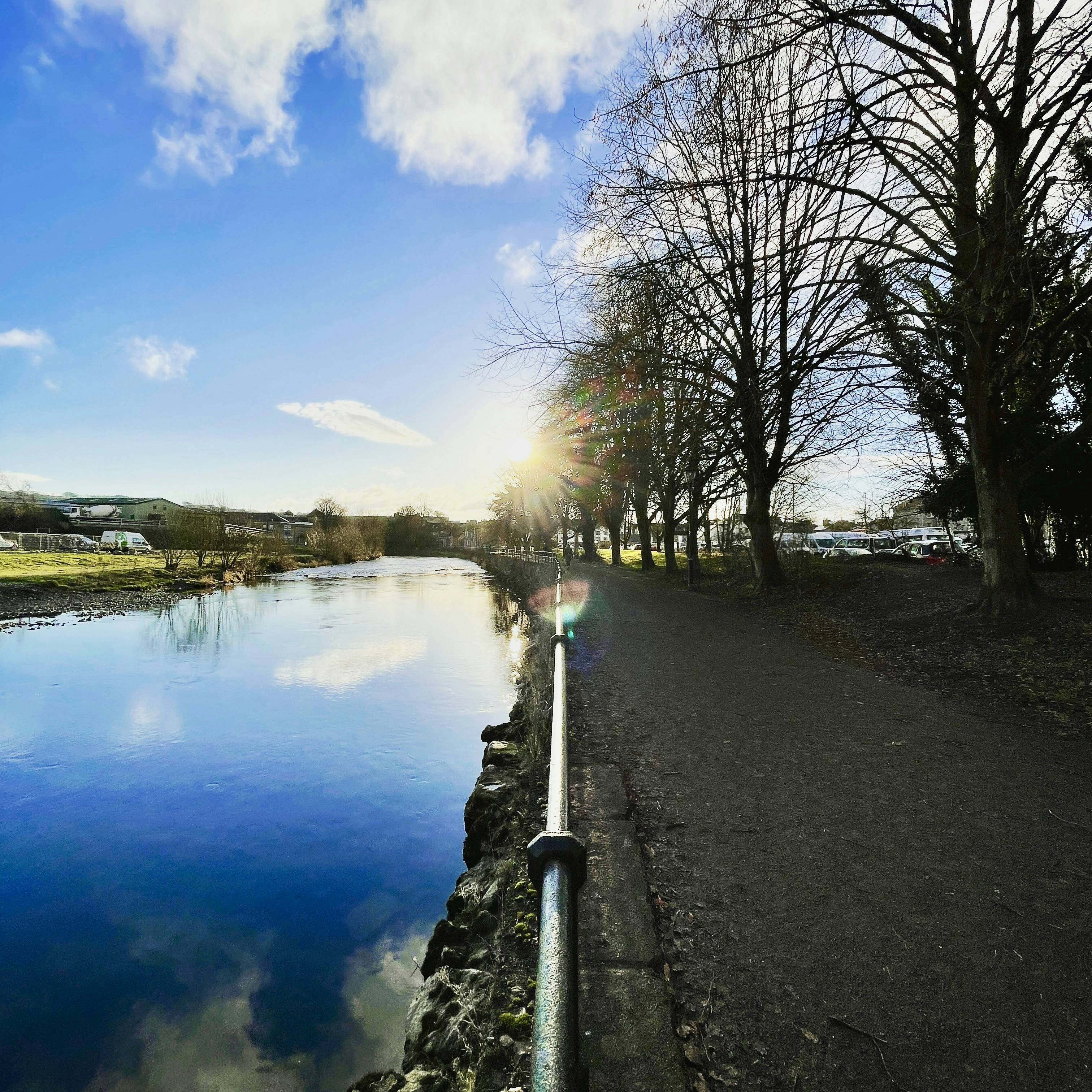 Sunrise over a Riverside Path Framed by Bare Trees and Glassy Water