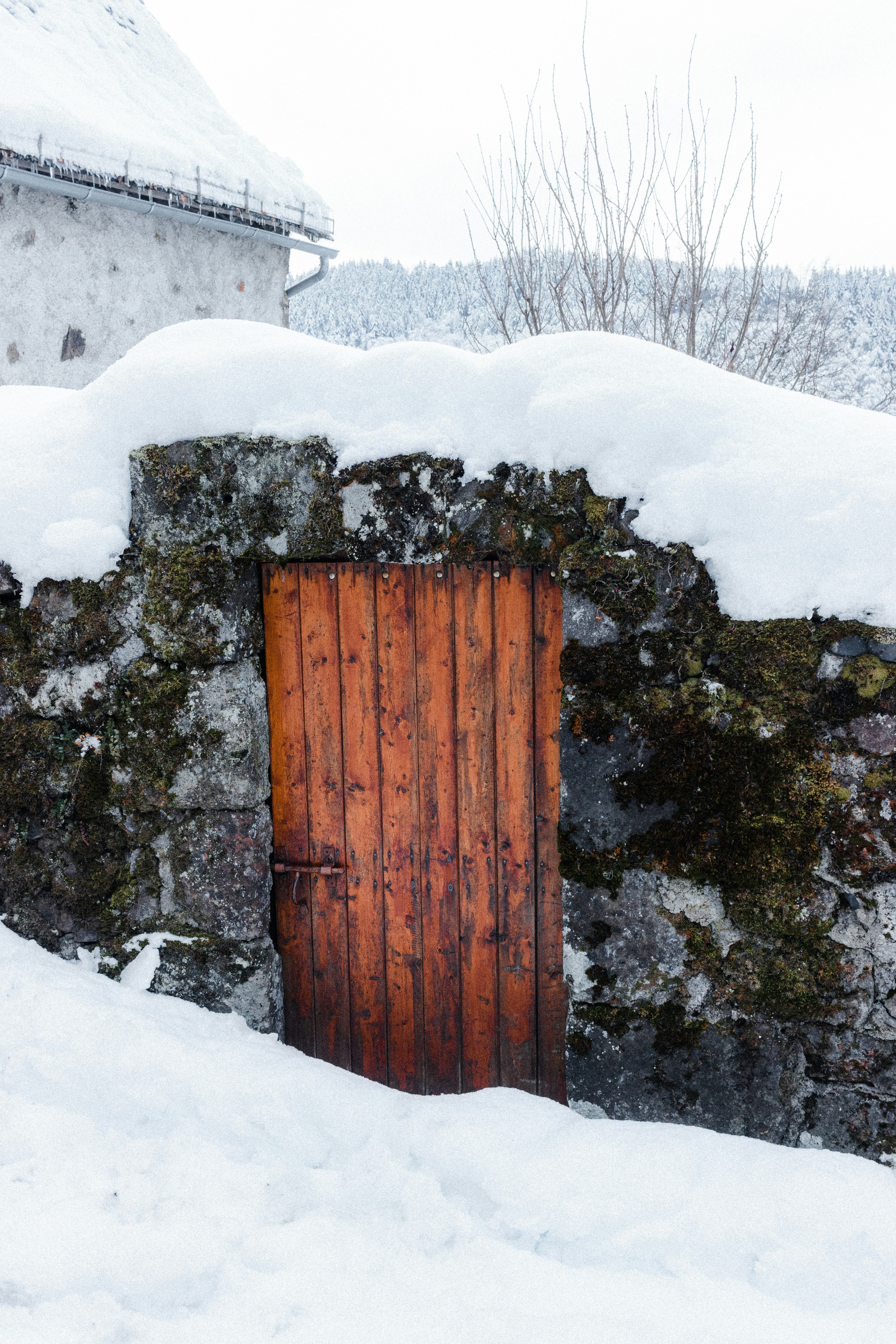 Weathered Door in a Snow-Covered Stone Wall