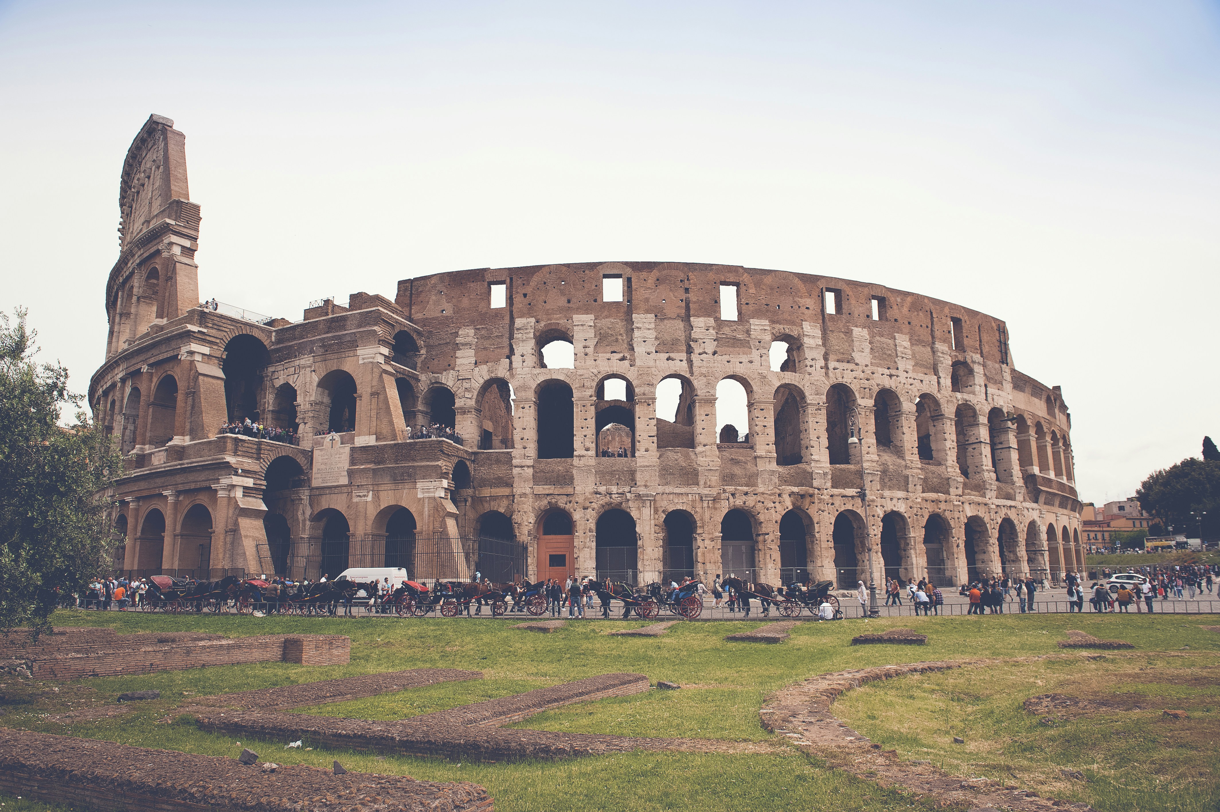 Iconic Roman Colosseum with weathered arches and vibrant green foreground under a clear sky.