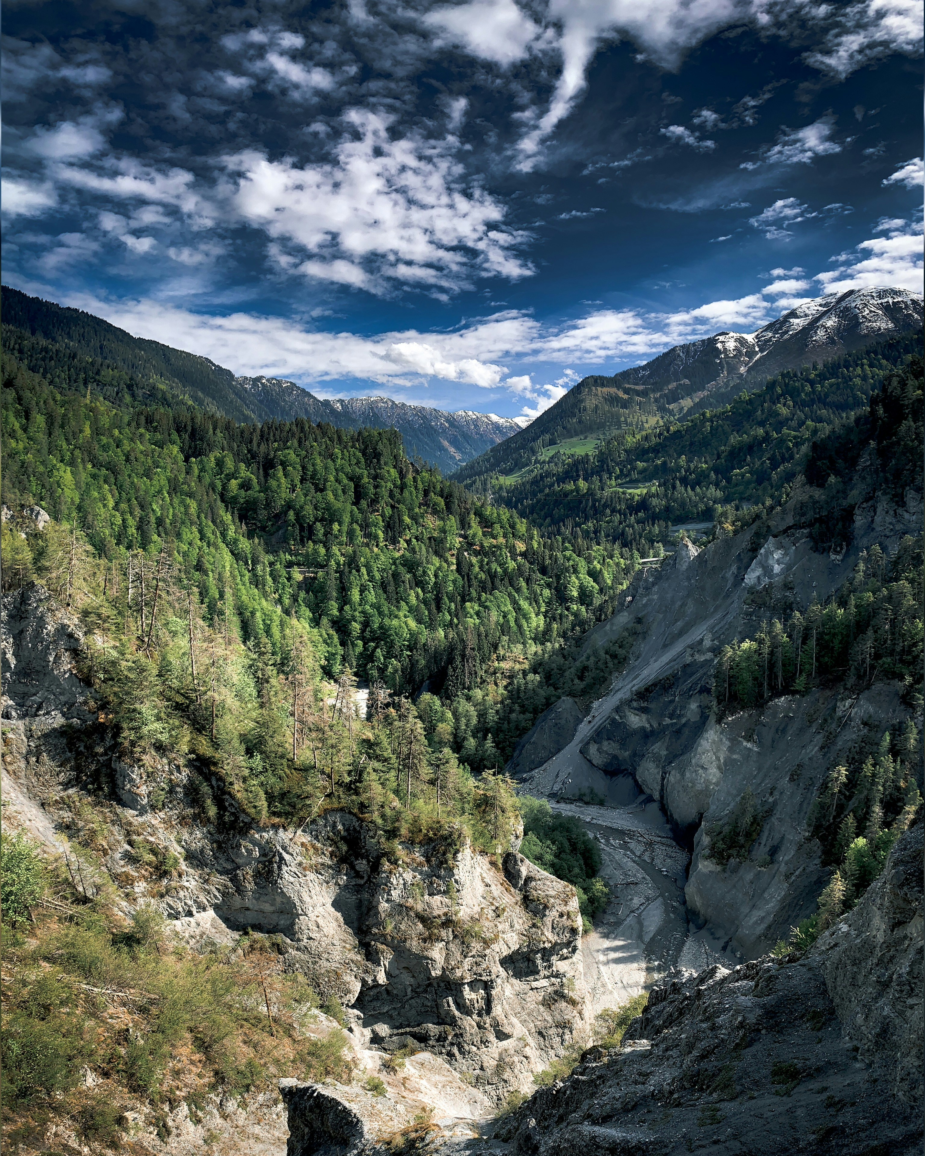 Forest-Blocked Canyon Aerial of Conifer Ridge and Snow-Capped Peaks