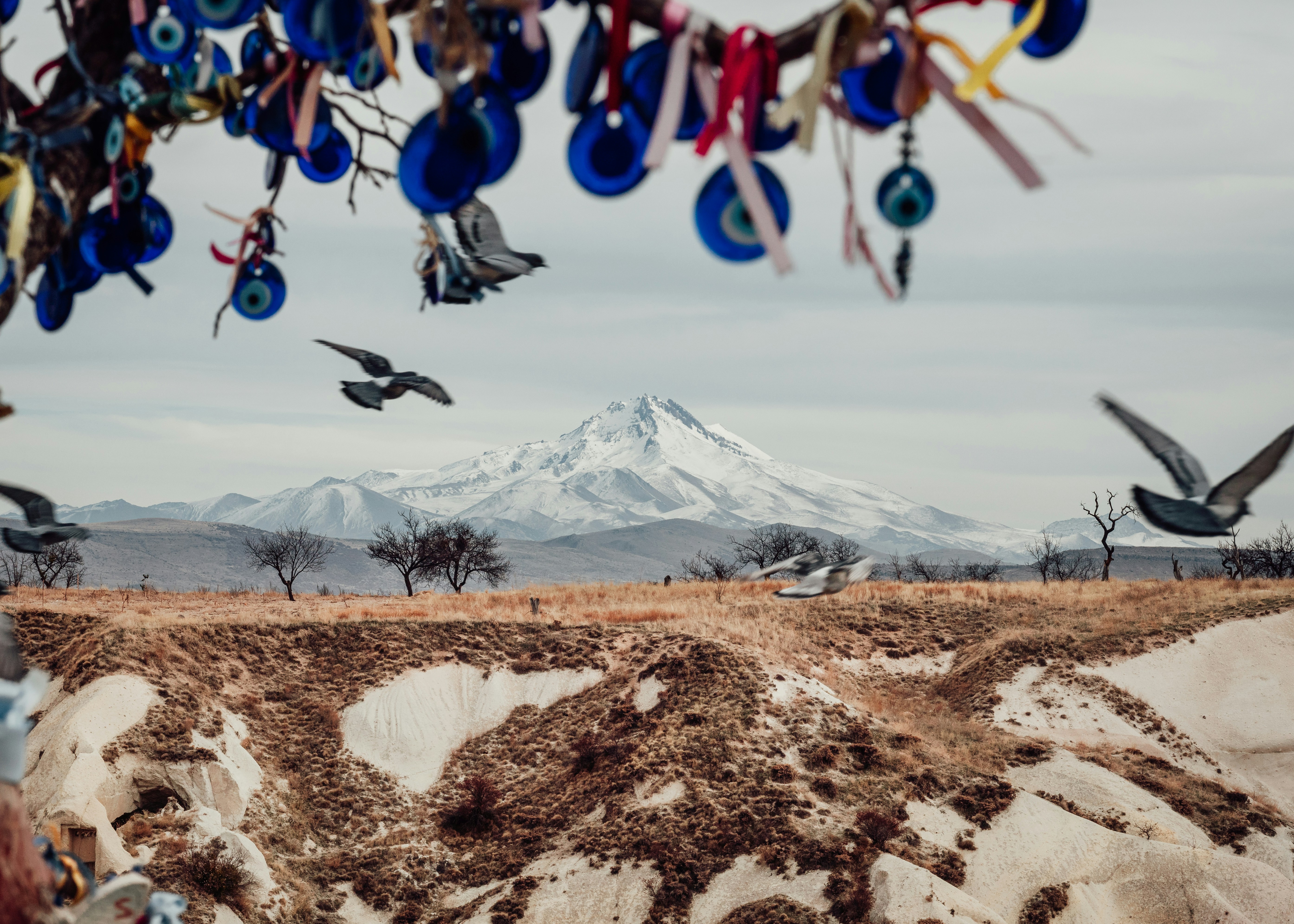 Flaming Prayer Flags Framing a Snowy Summit